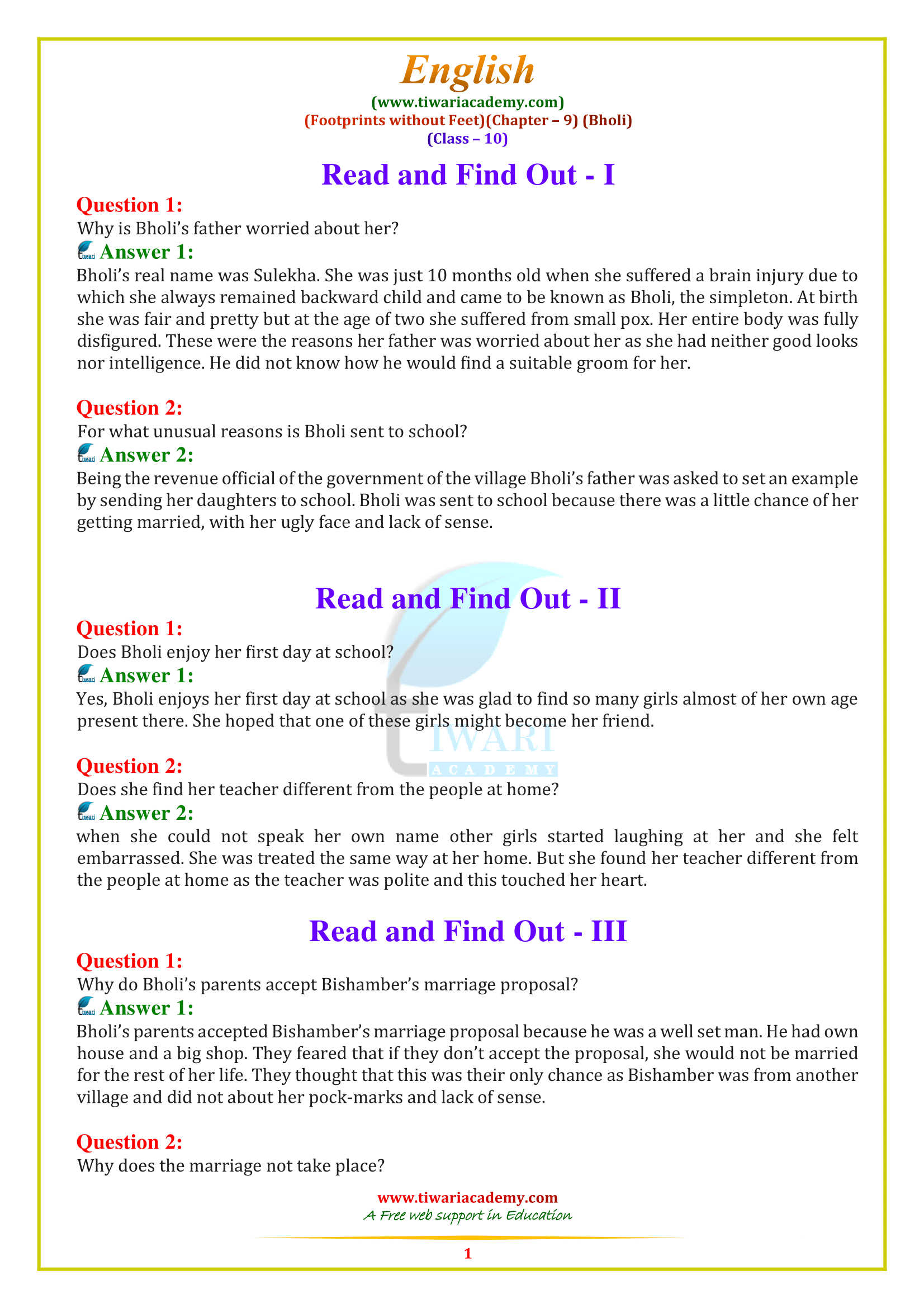NCERT Solutions for Class 10 English Supplementary Chapter 9 Bholi