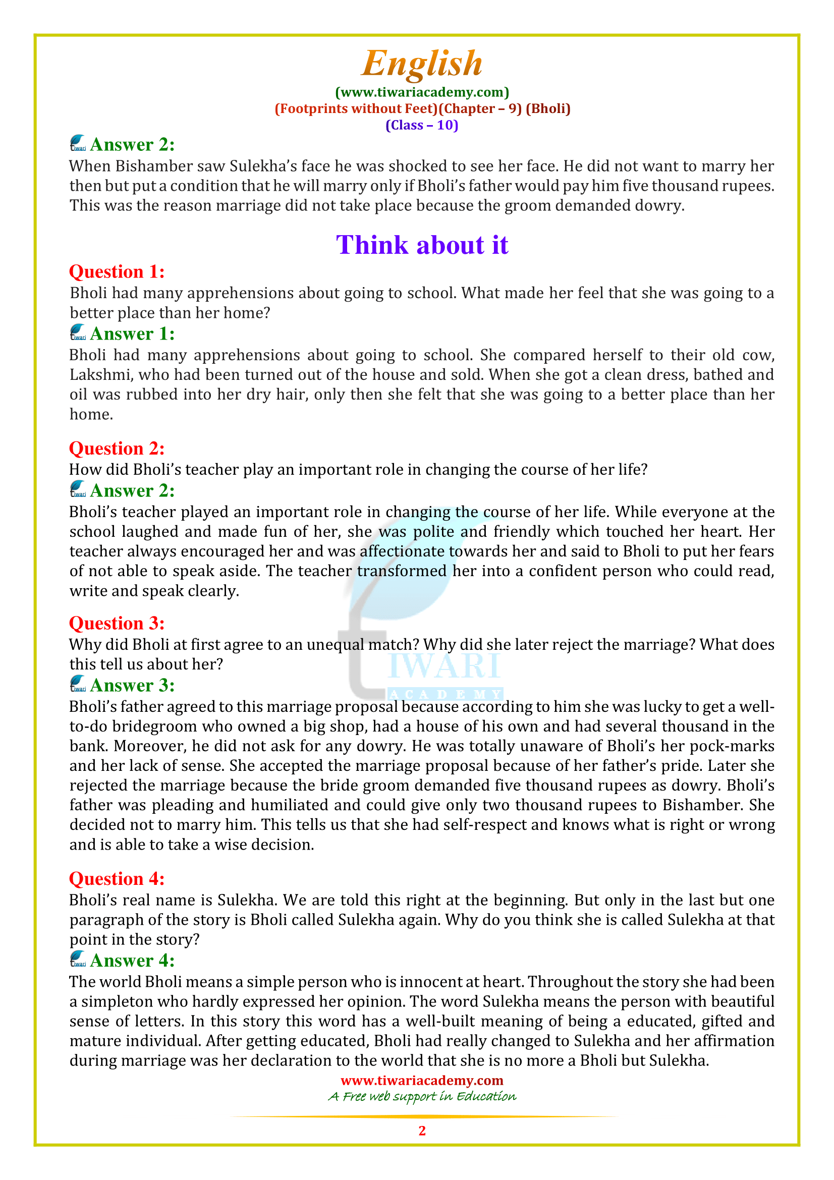 NCERT Solutions for Class 10 English Supplementary Chapter 9 Bholi