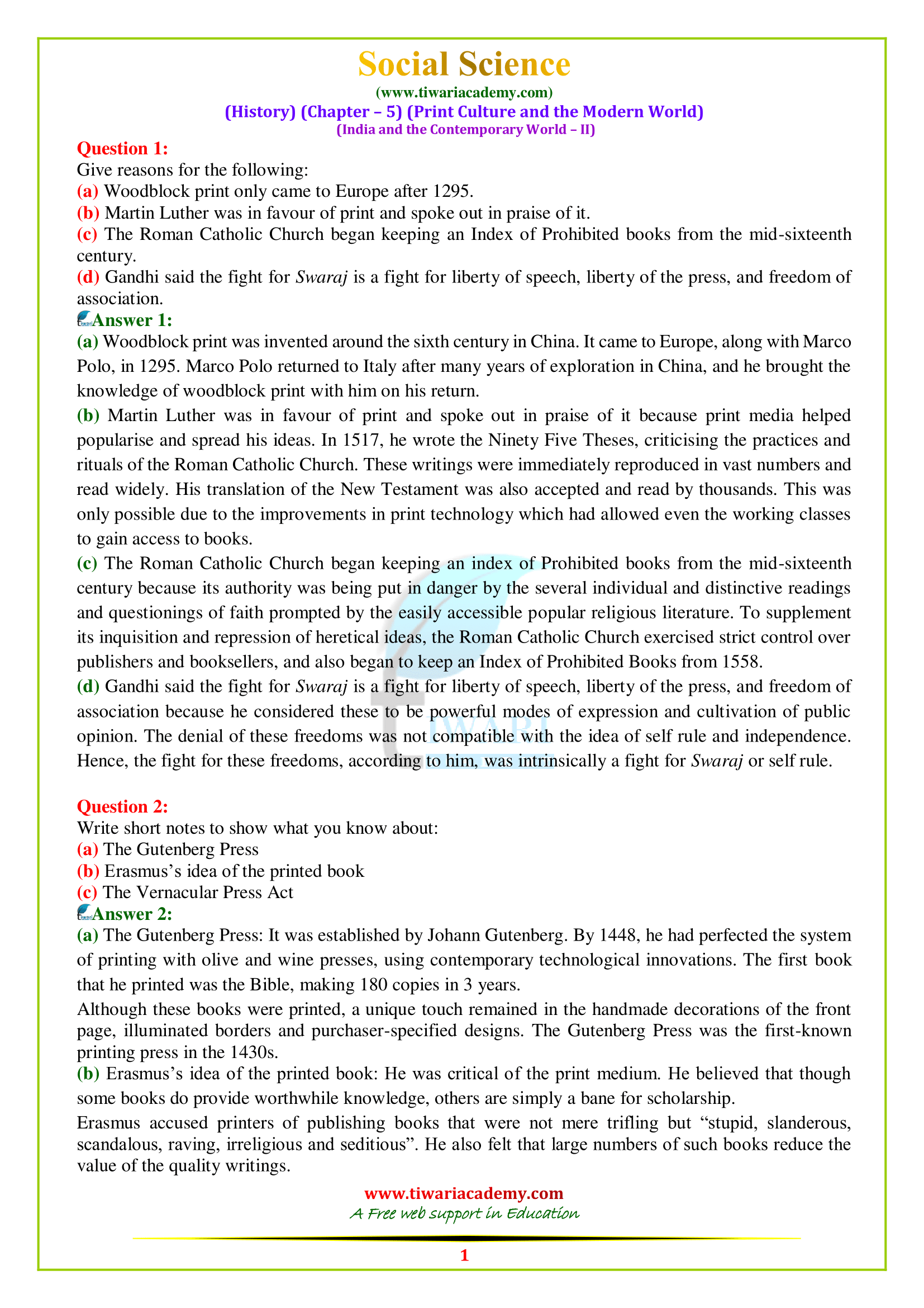 NCERT Solutions for Class 10 History Chapter 5 in PDF form for 2023-24