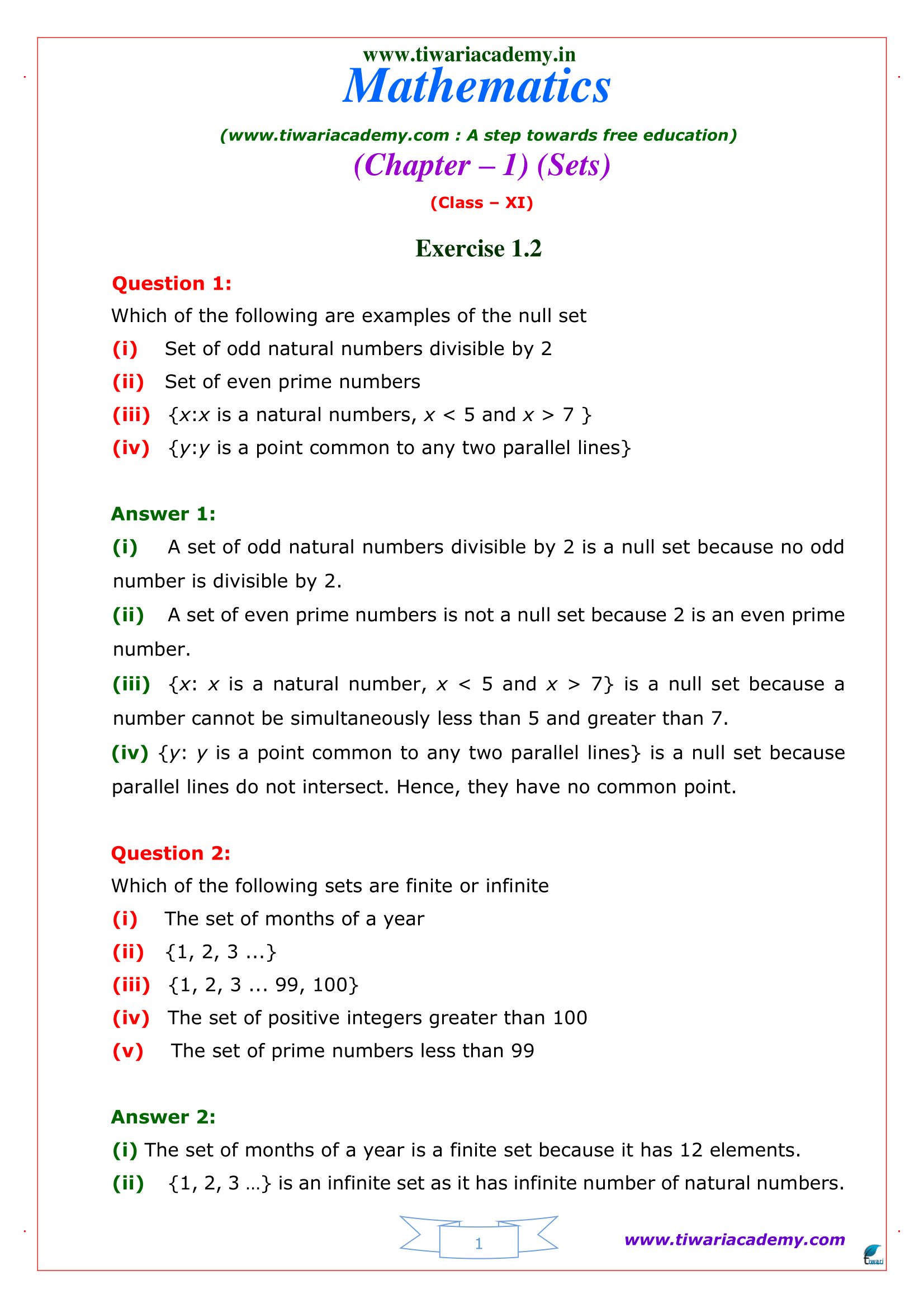NCERT Solutions for Class 11 Maths Chapter 1 Sets