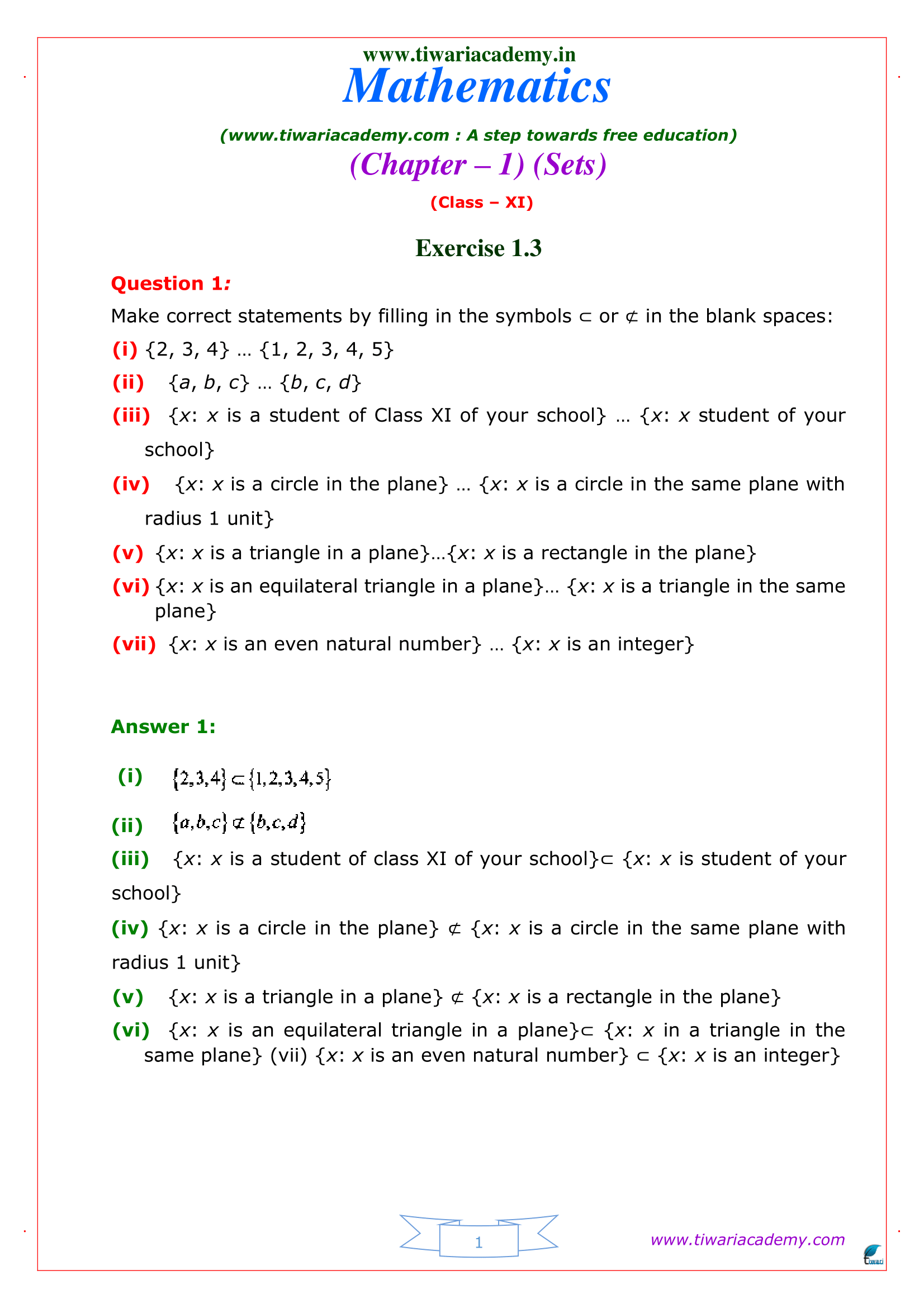 NCERT Solutions for Class 11 Maths Chapter 1 Sets (Updated 2022-2023)