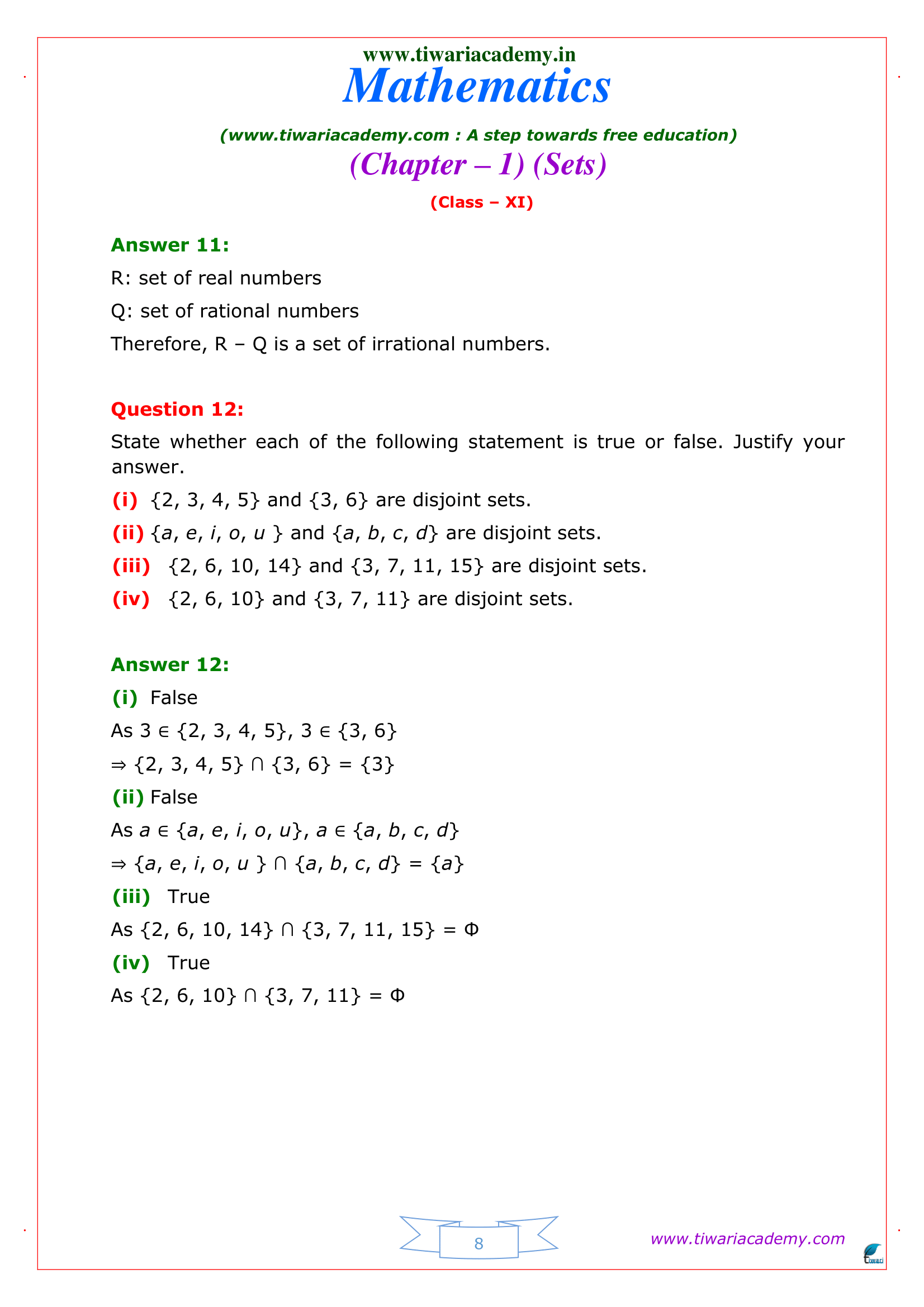 NCERT Solutions for Class 11 Maths Chapter 1 Sets