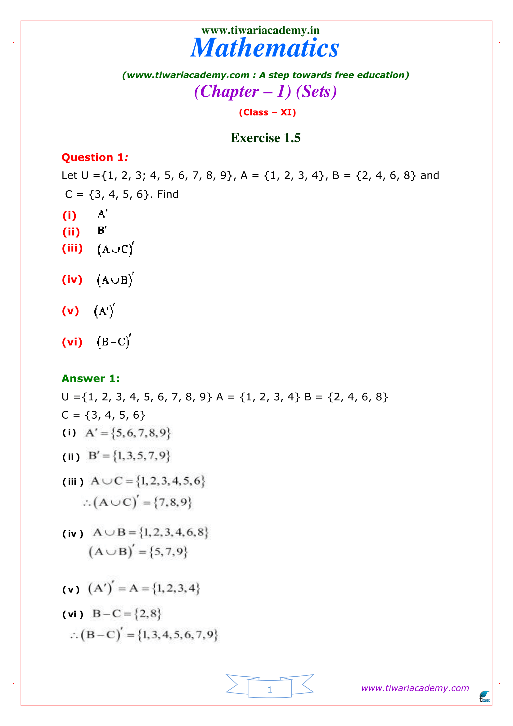 NCERT Solutions for Class 11 Maths Chapter 1 Sets (Updated 2022-2023)