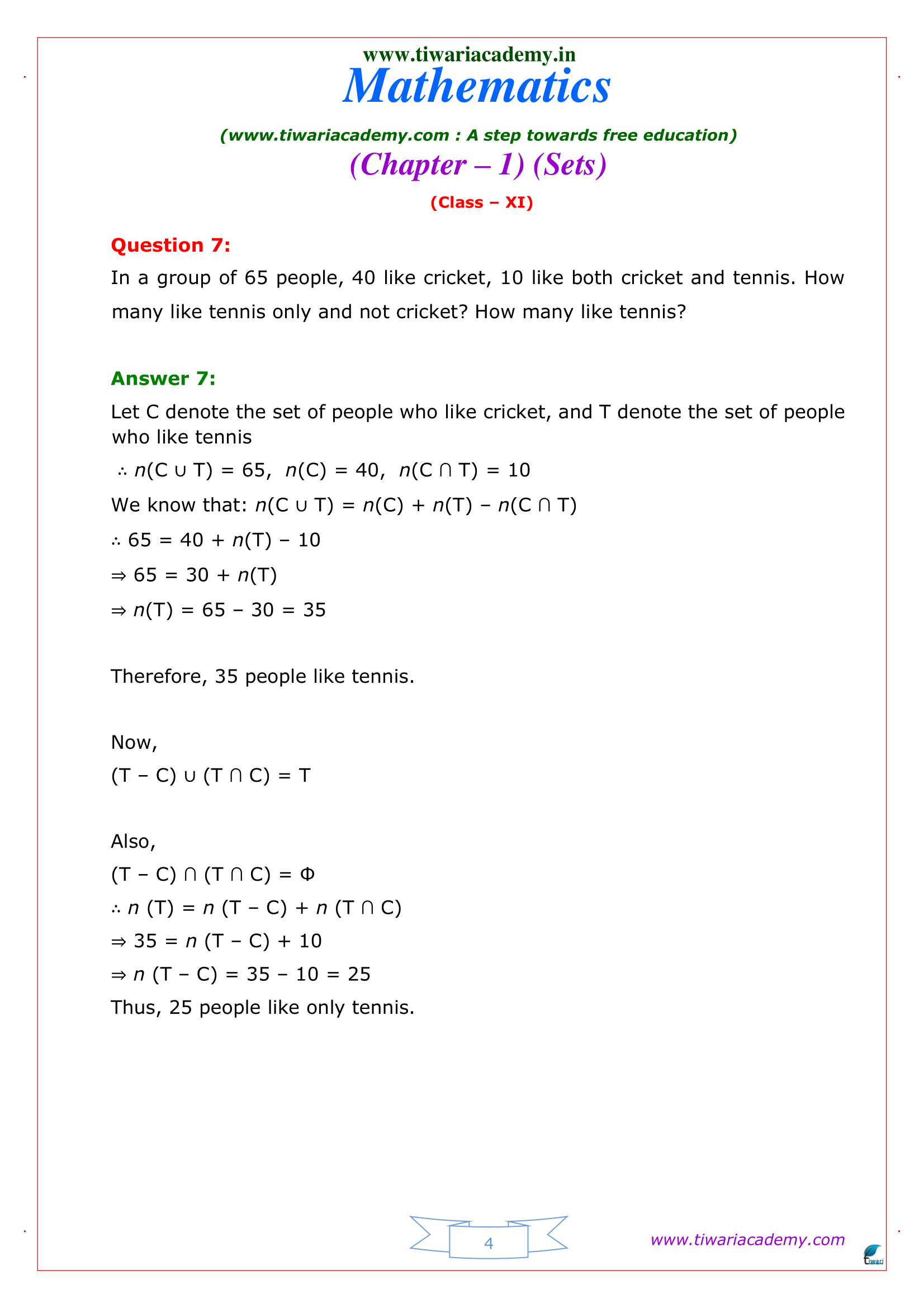 NCERT Solutions for Class 11 Maths Chapter 1 Sets
