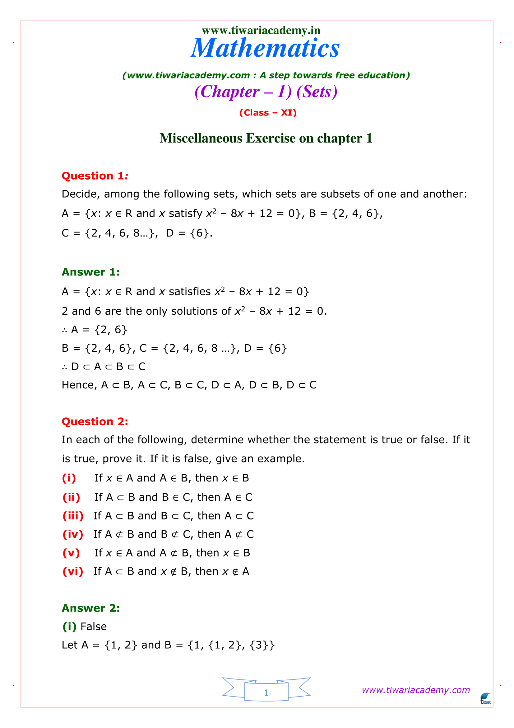 NCERT Solutions for Class 11 Maths Chapter 1 Sets