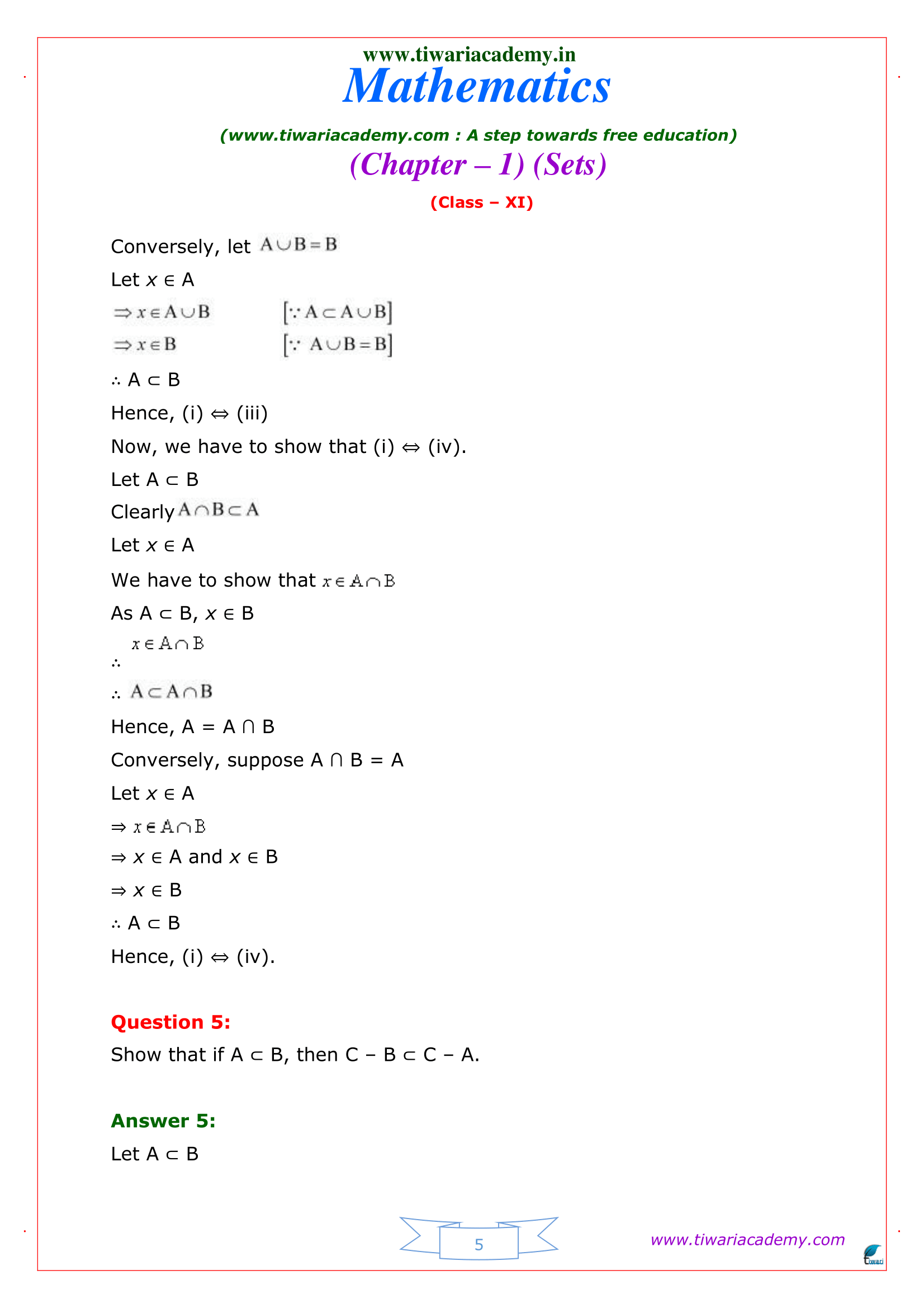 NCERT Solutions for Class 11 Maths Chapter 1 Sets (Updated 2022-2023)