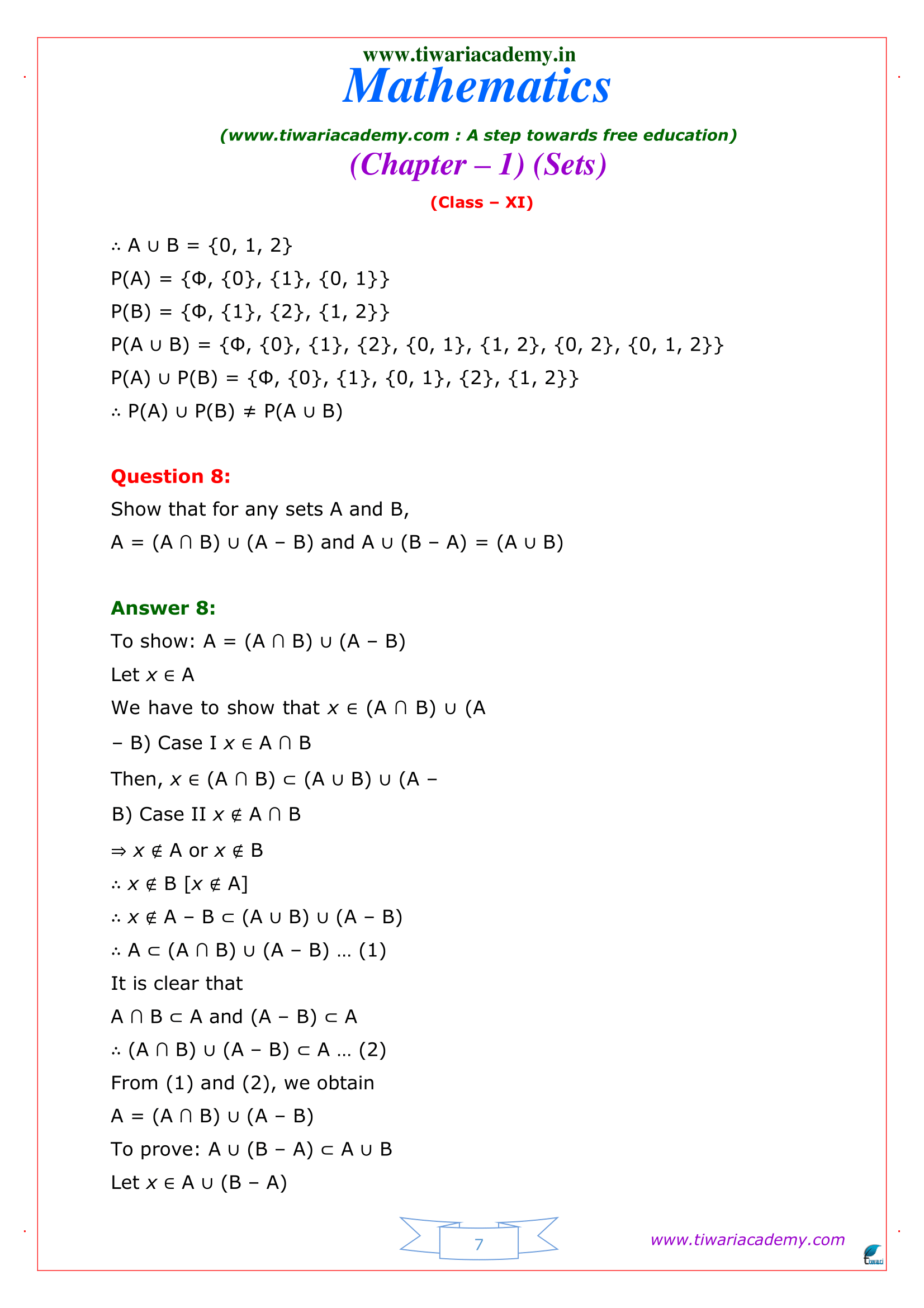 NCERT Solutions for Class 11 Maths Chapter 1 Sets