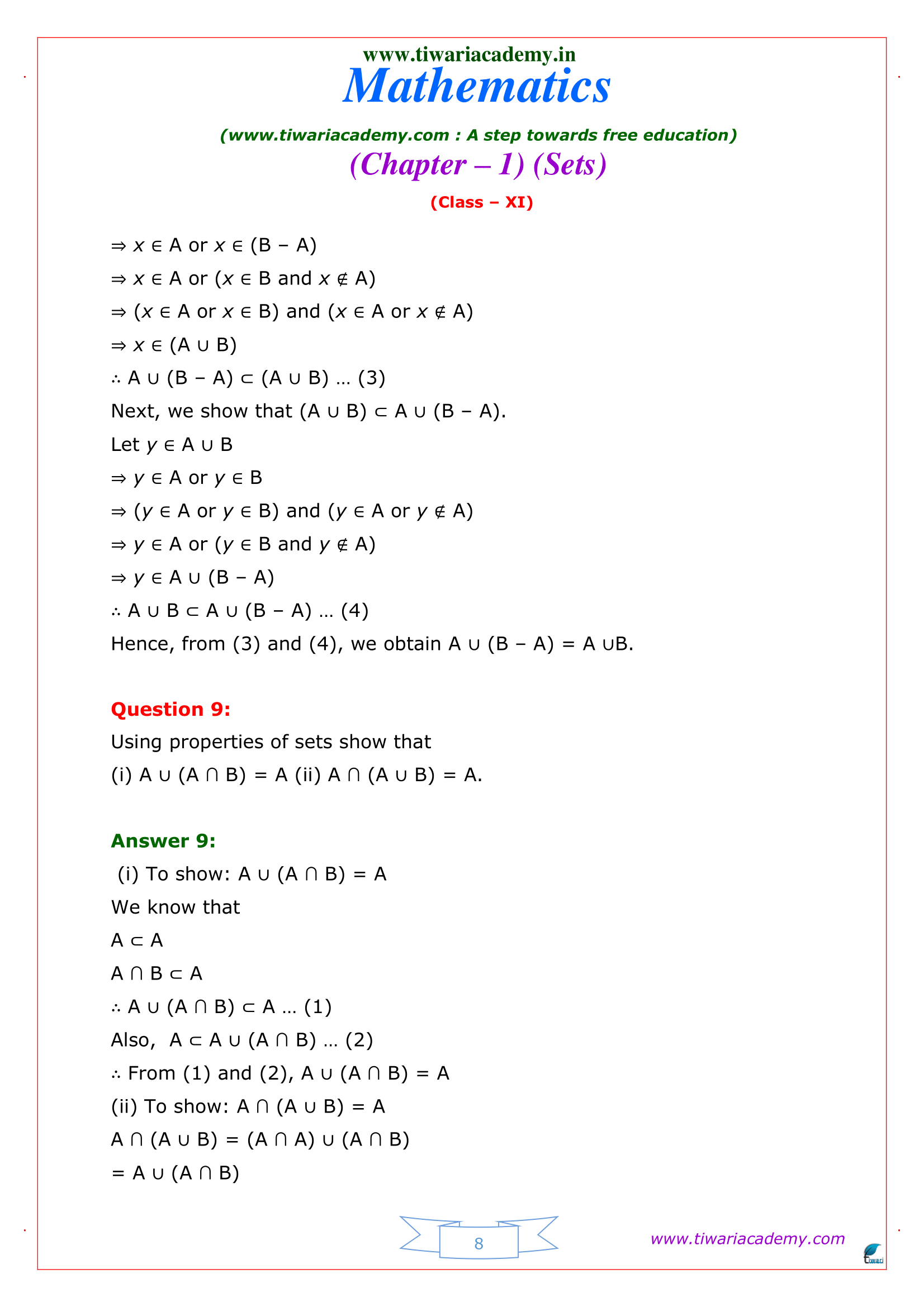 NCERT Solutions for Class 11 Maths Chapter 1 Sets (Updated 2022-2023)