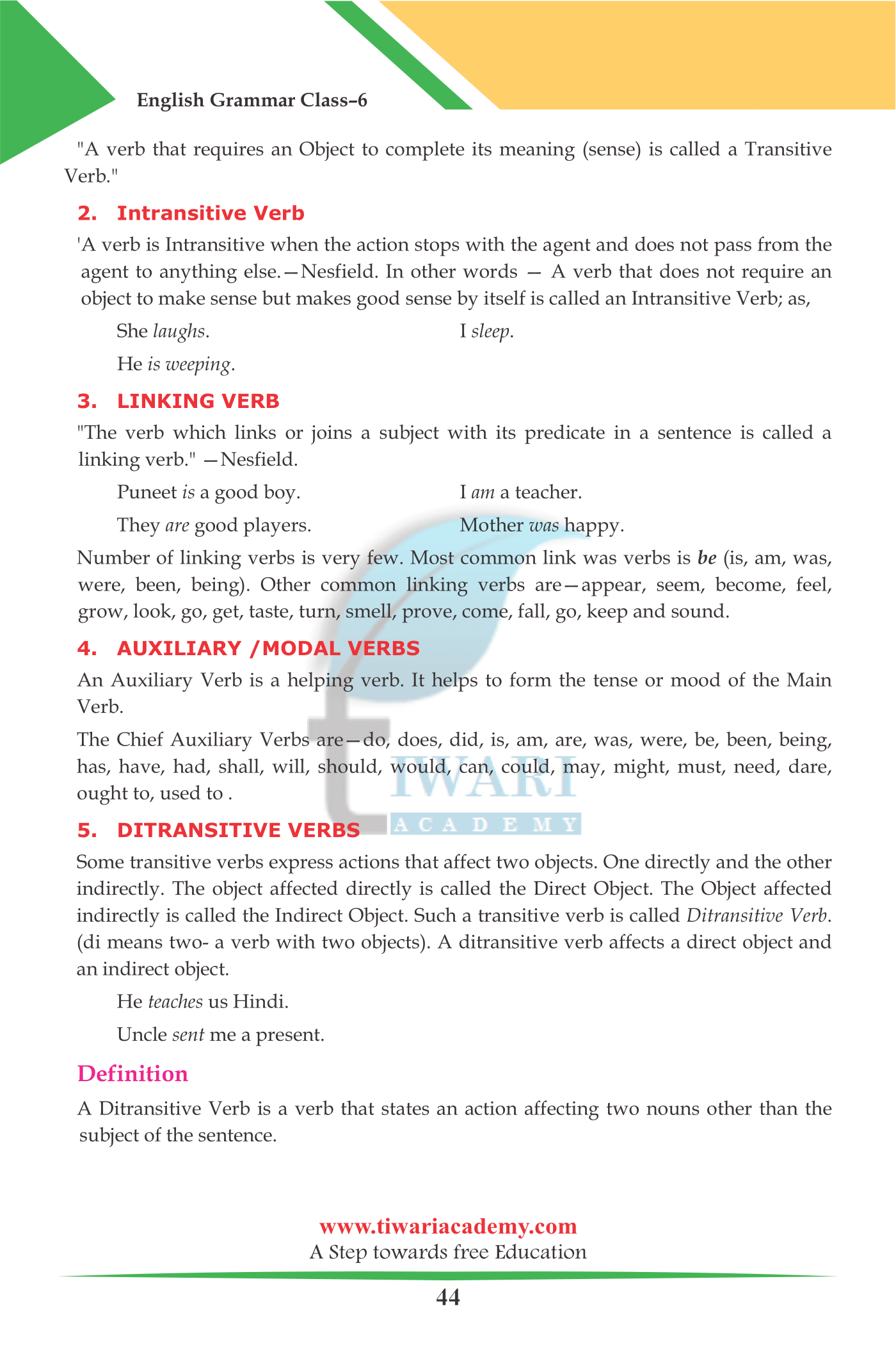 Class 6 English Grammar Chapter 10: The Verb - Kinds of Verbs