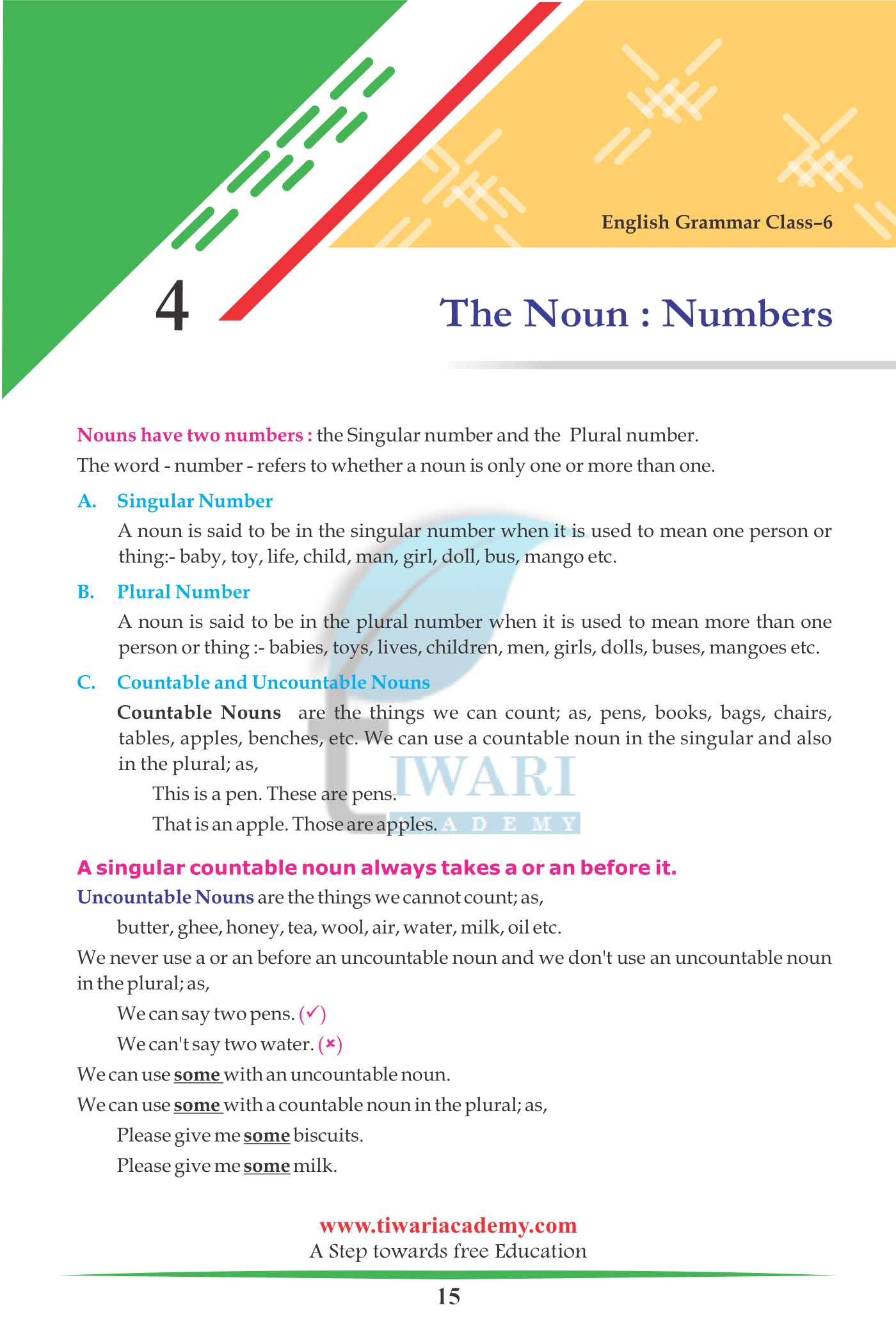 Class 6 English Grammar Chapter 4: The Noun - Numbers, Singular Plural
