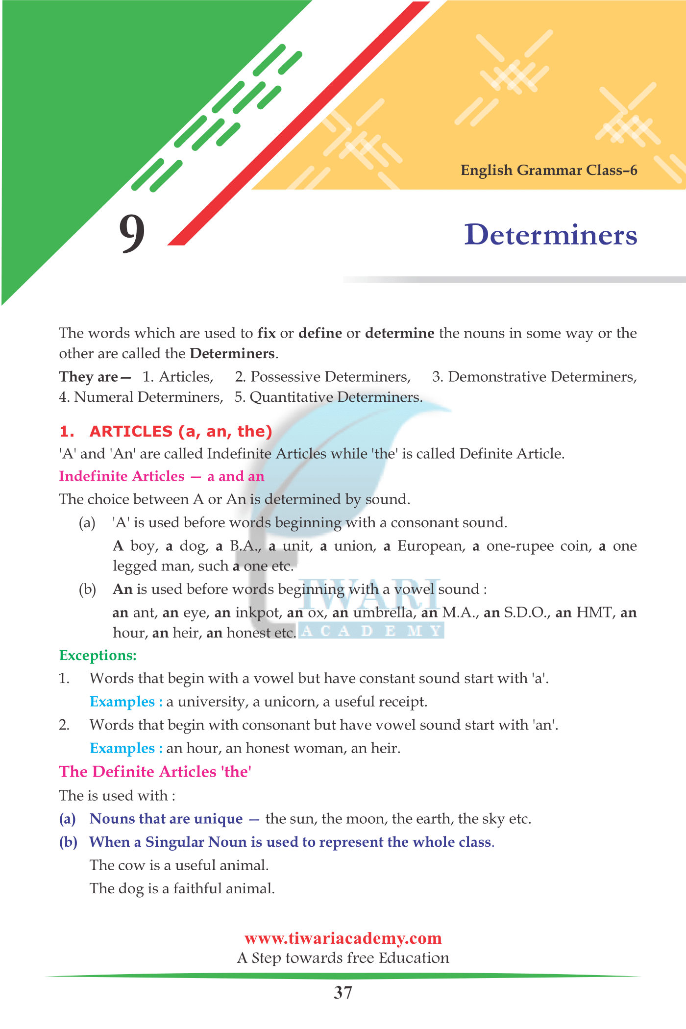 Class 6 English Grammar Chapter 9: Determiners with Examples.