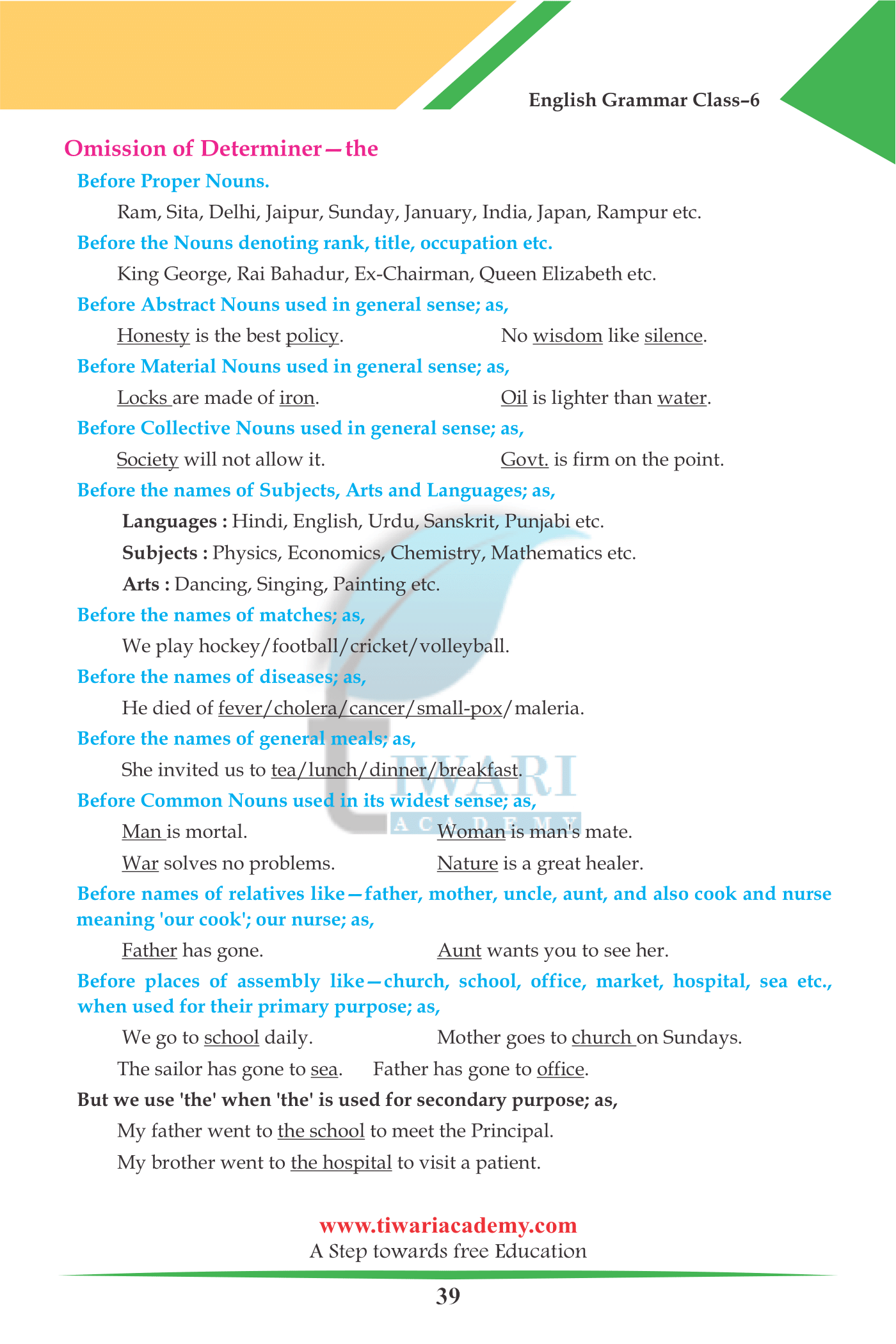 Class 6 English Grammar Chapter 9: Determiners with Examples.