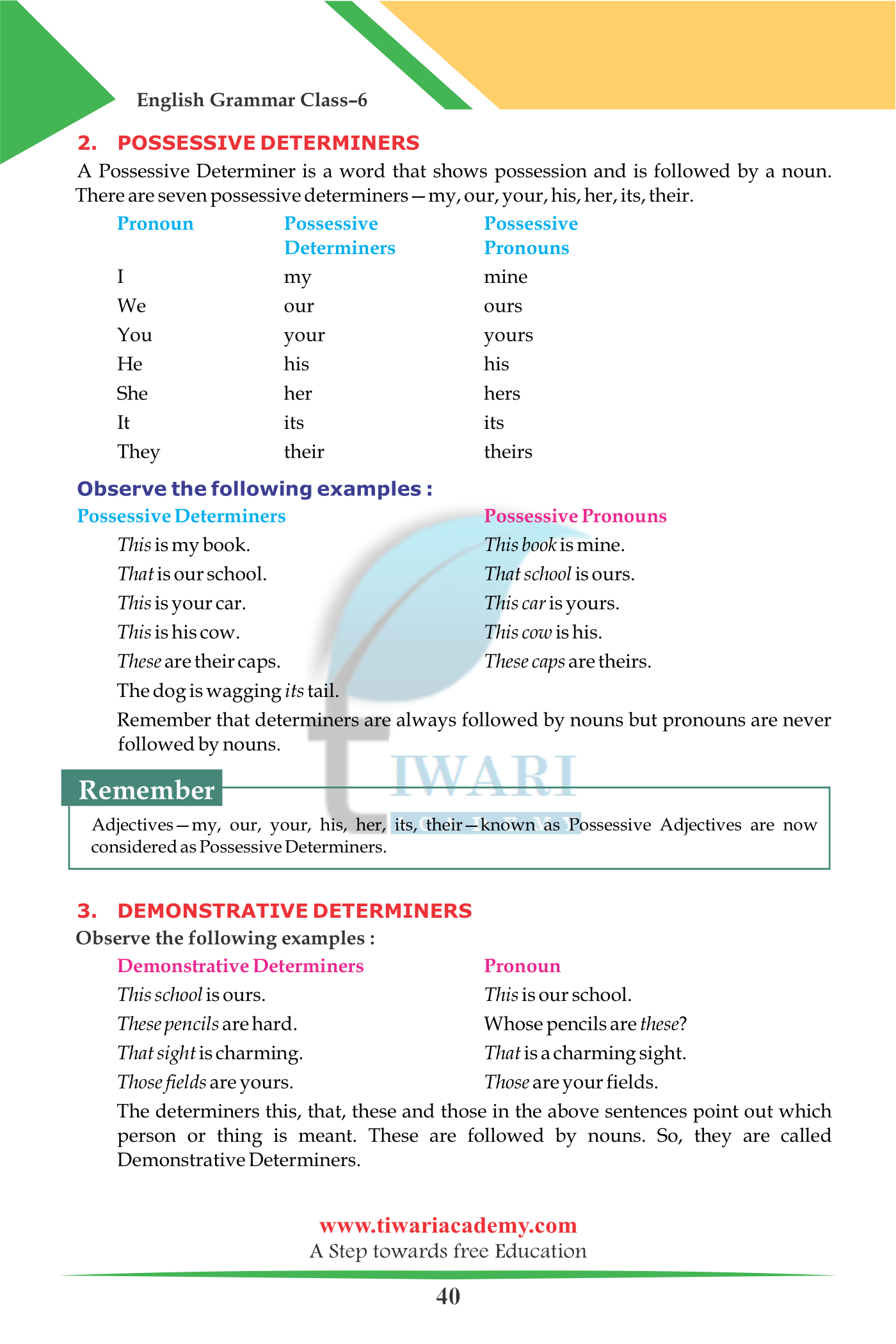Class 6 English Grammar Chapter 9: Determiners with Examples.