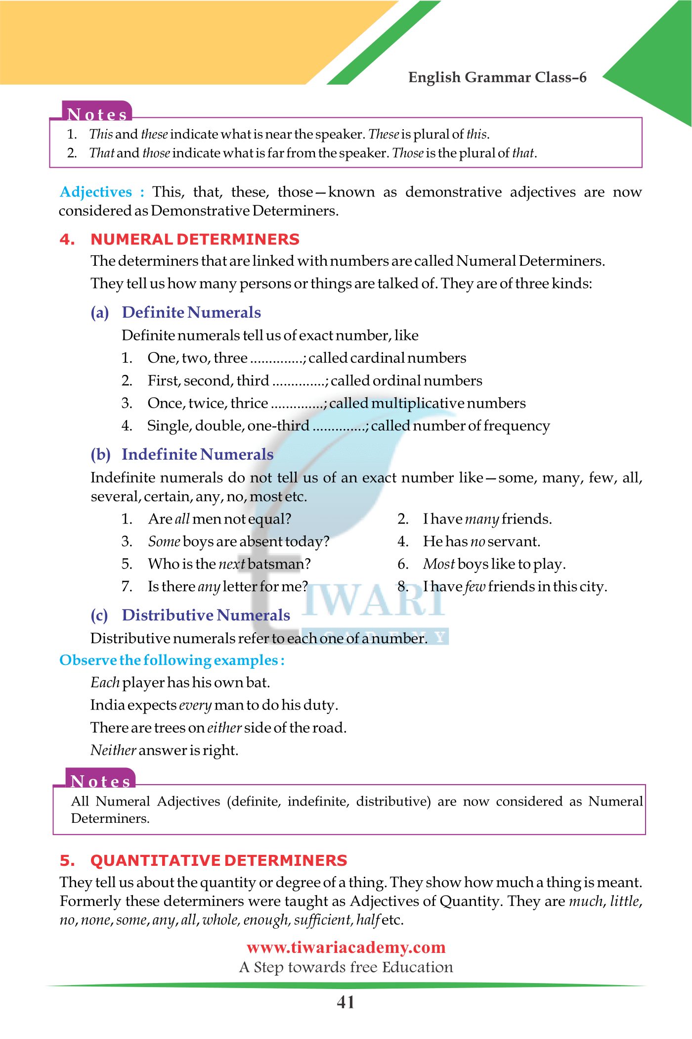 Class 6 English Grammar Chapter 9: Determiners with Examples.