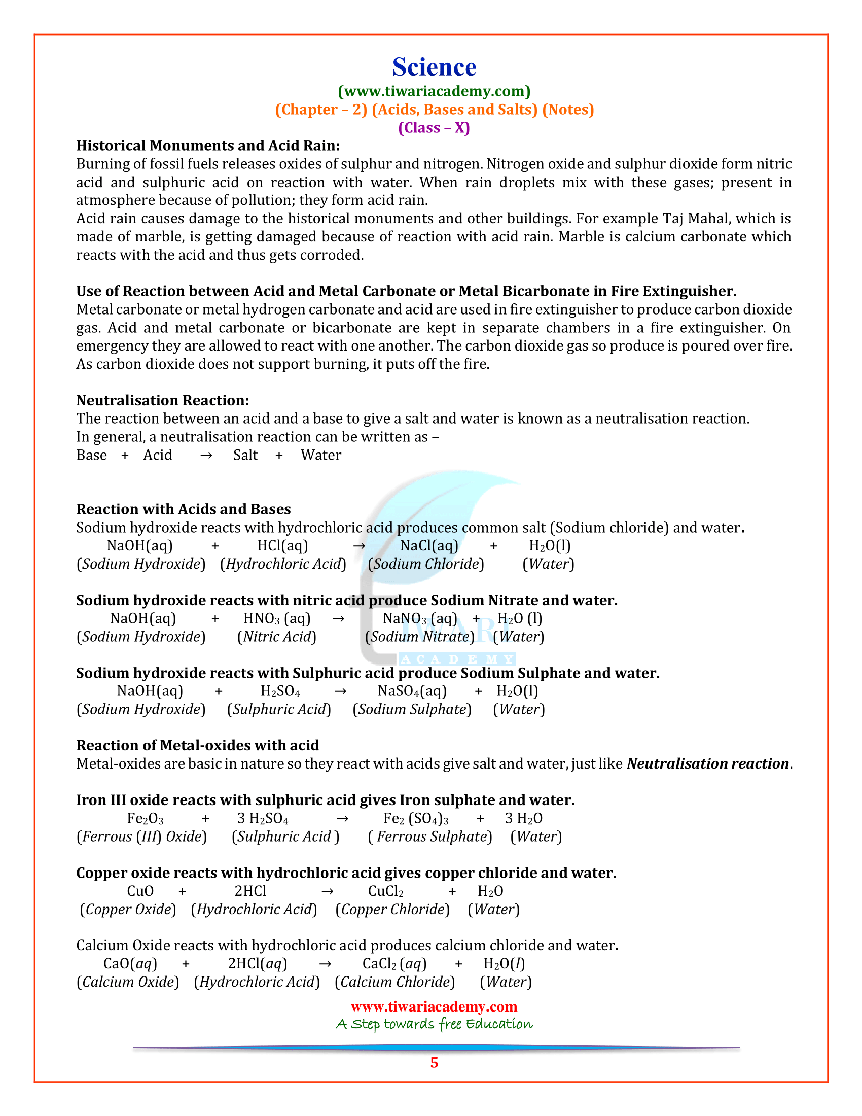 Class 10 Science Chapter 2 Notes of Acids, Bases and Salts for 2024-25 Class 10 Science Chapter 2 Notes of Acids, Bases and Salts for 2024-25