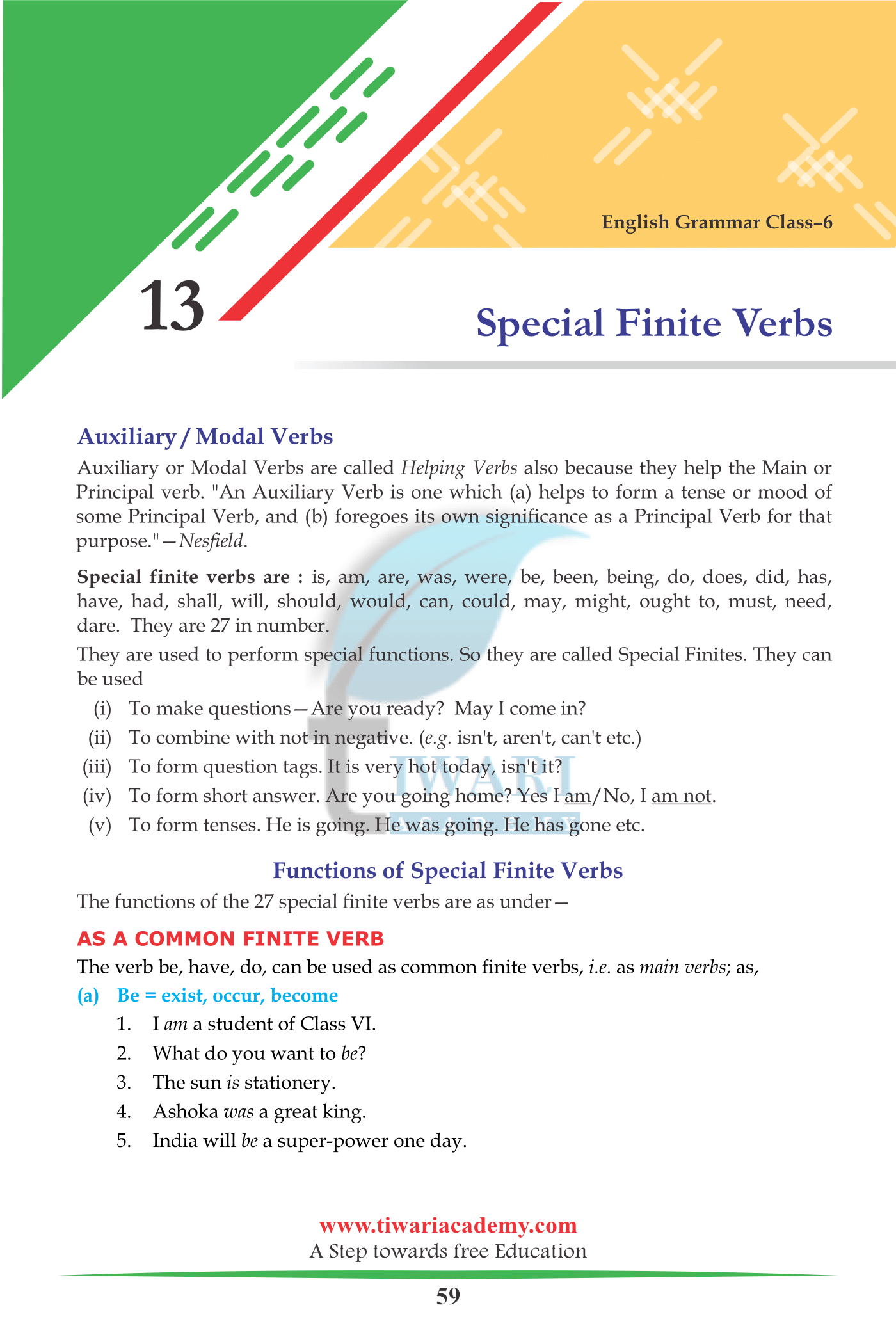 Class 6 English Grammar Chapter 13 Special Finite Verbs Auxiliary Verb