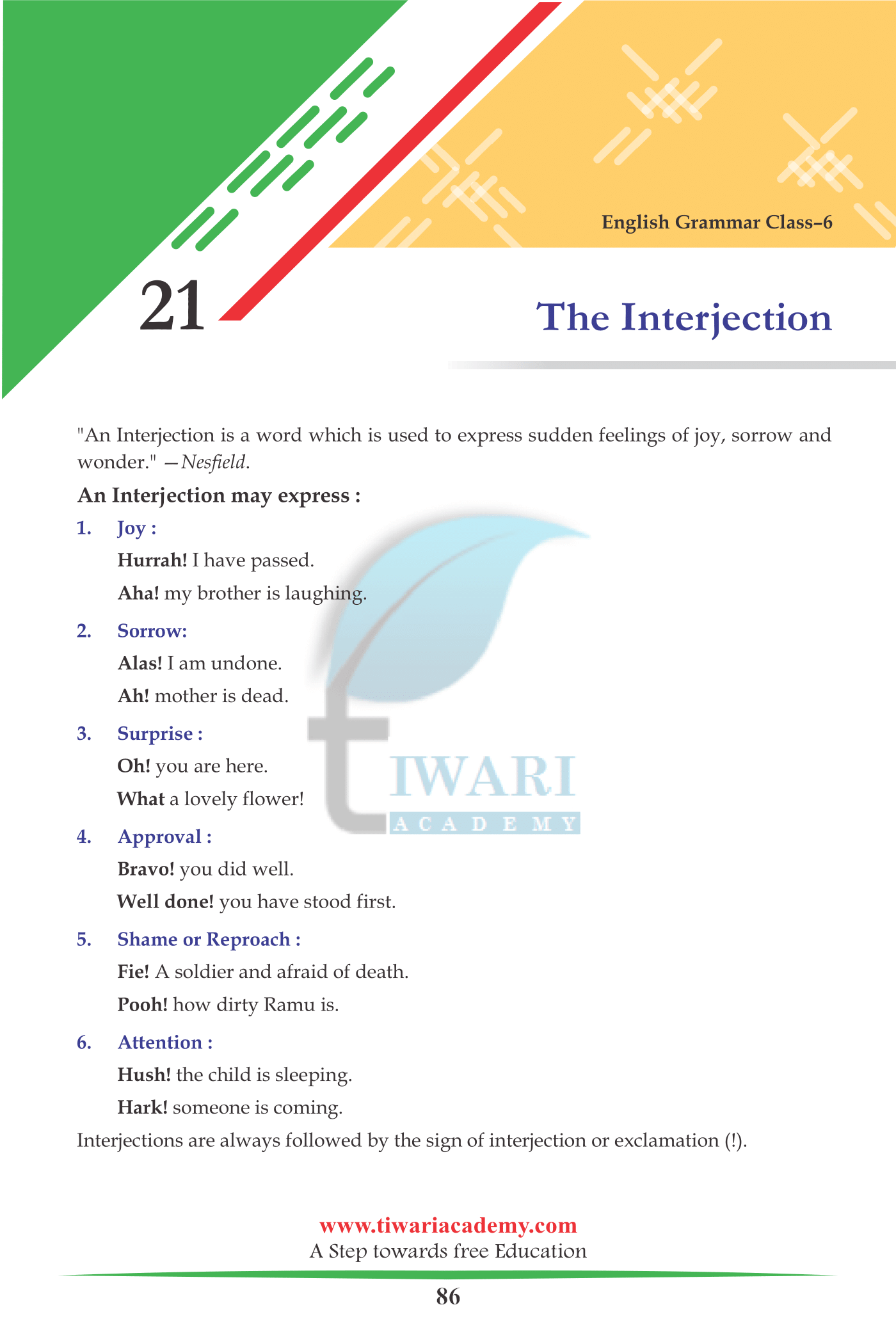 Class 6 English Grammar Chapter 21 Interjection Session 2022-2023.