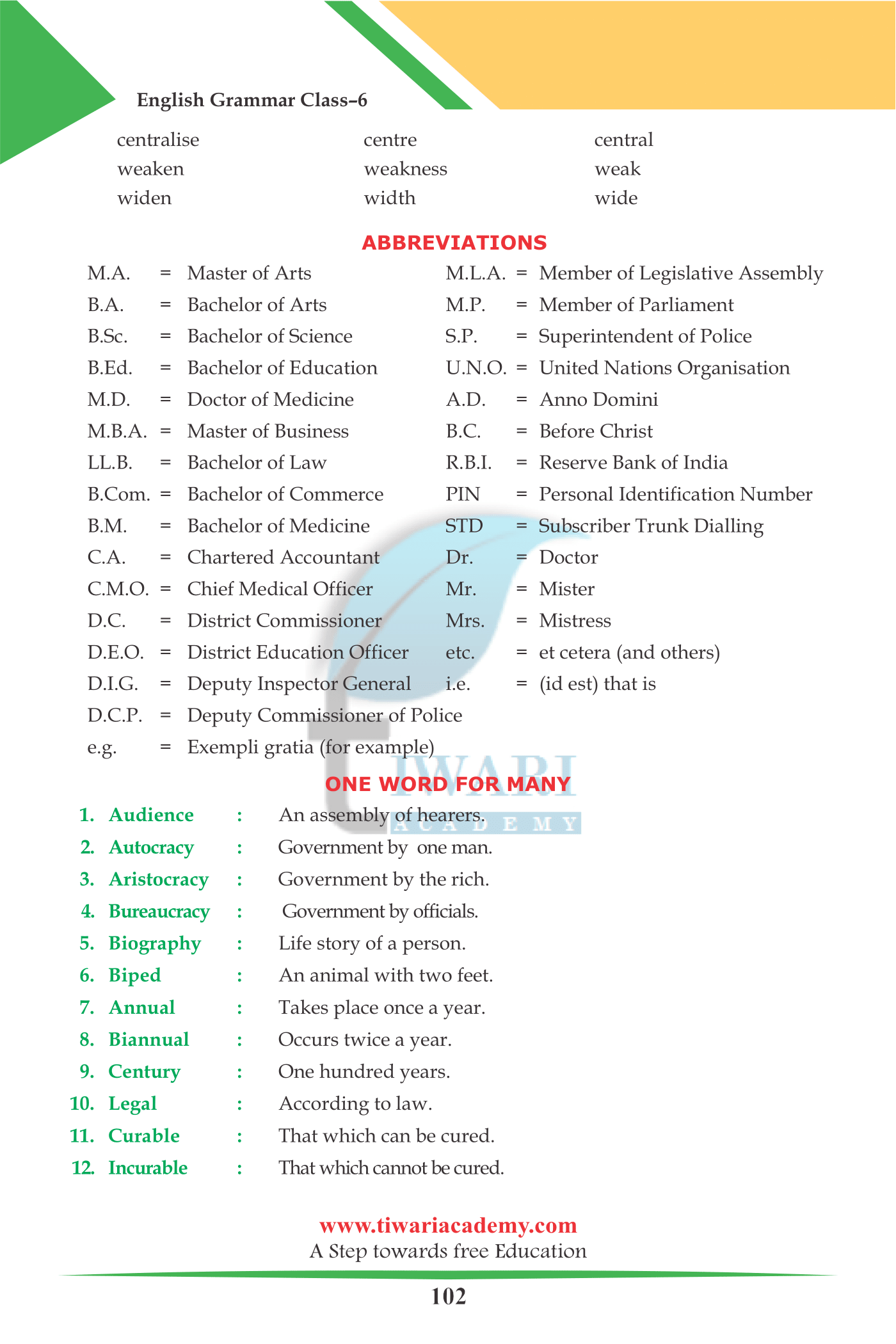 Class 6 English Grammar Chapter 25 Vocabulary and Word Power.