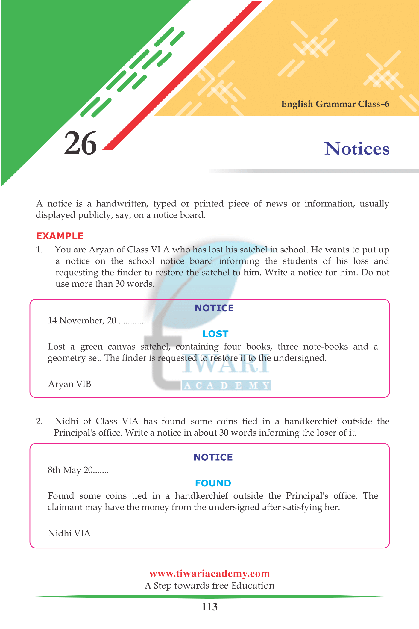 Class 6 English Grammar Chapter 26 Notice Writing Session 2022-2023.