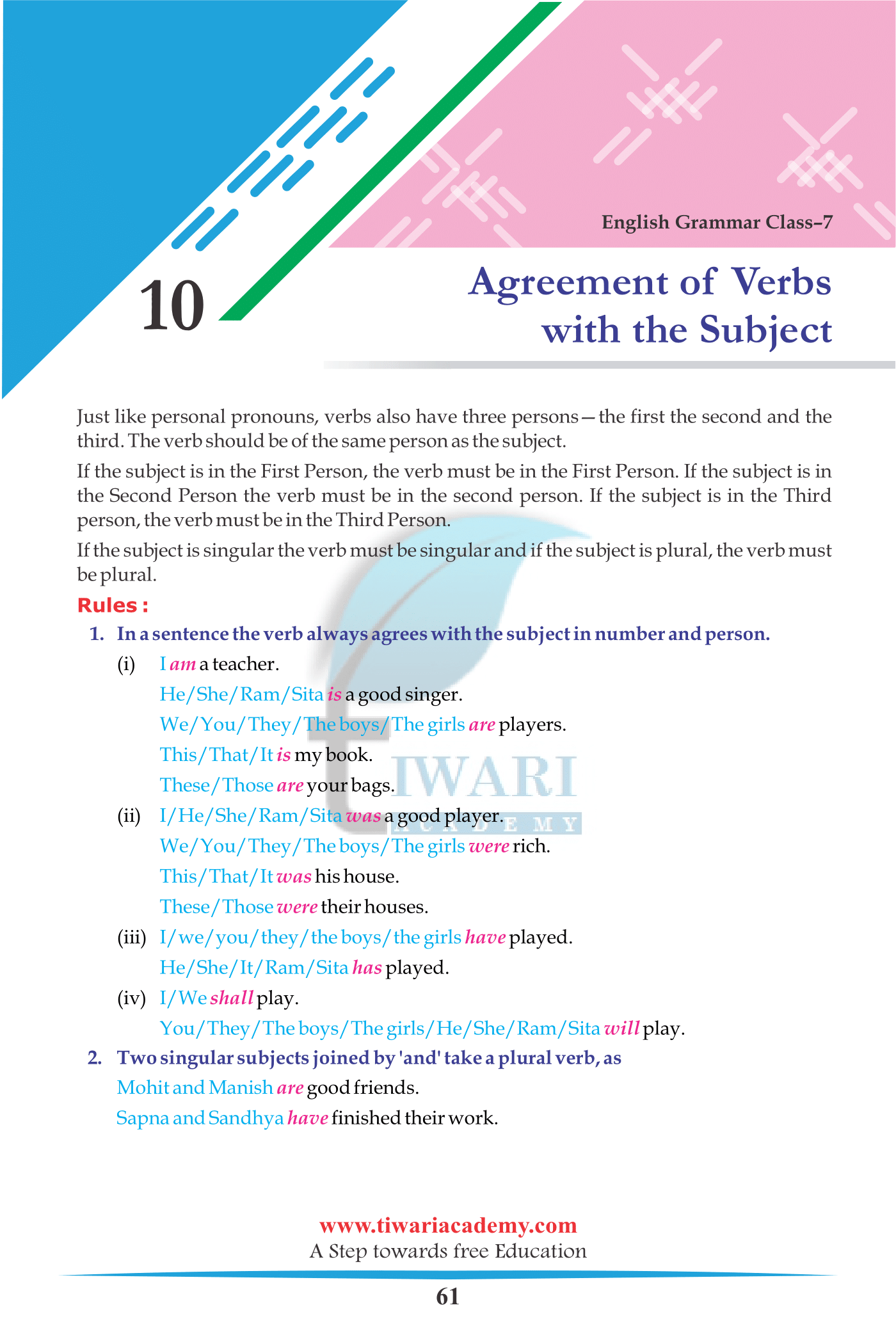 Class 7 English Grammar Chapter 10 Agreement of Verbs with Subject.