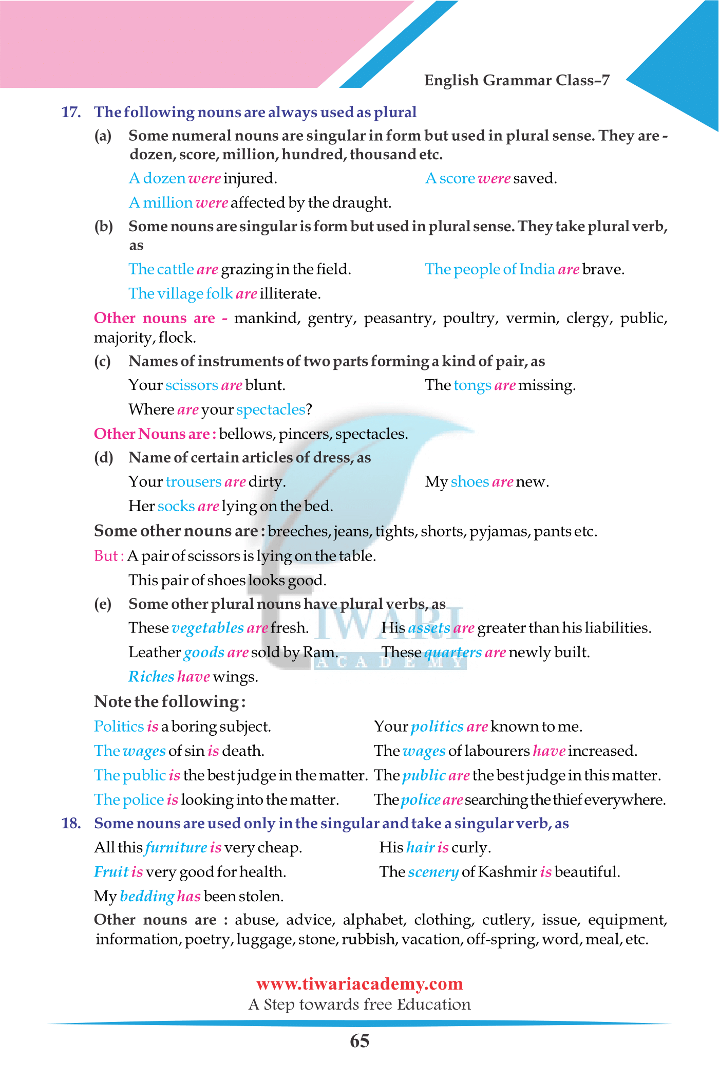Class 7 English Grammar Chapter 10 Agreement of Verbs with Subject.