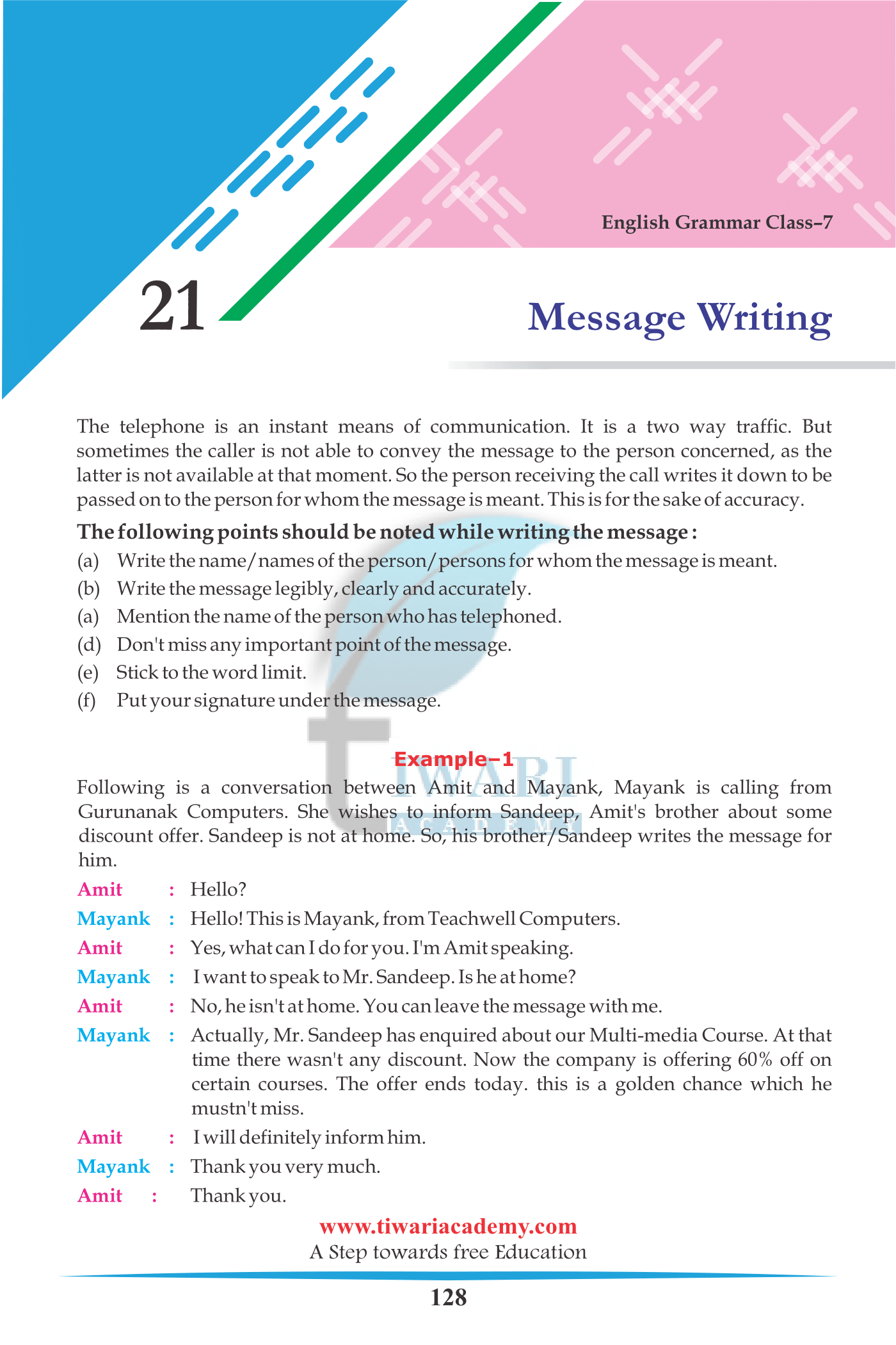Class 7 English Grammar Chapter 21 Message Writing. Class 7 English Grammar Chapter 21 Message Writing.