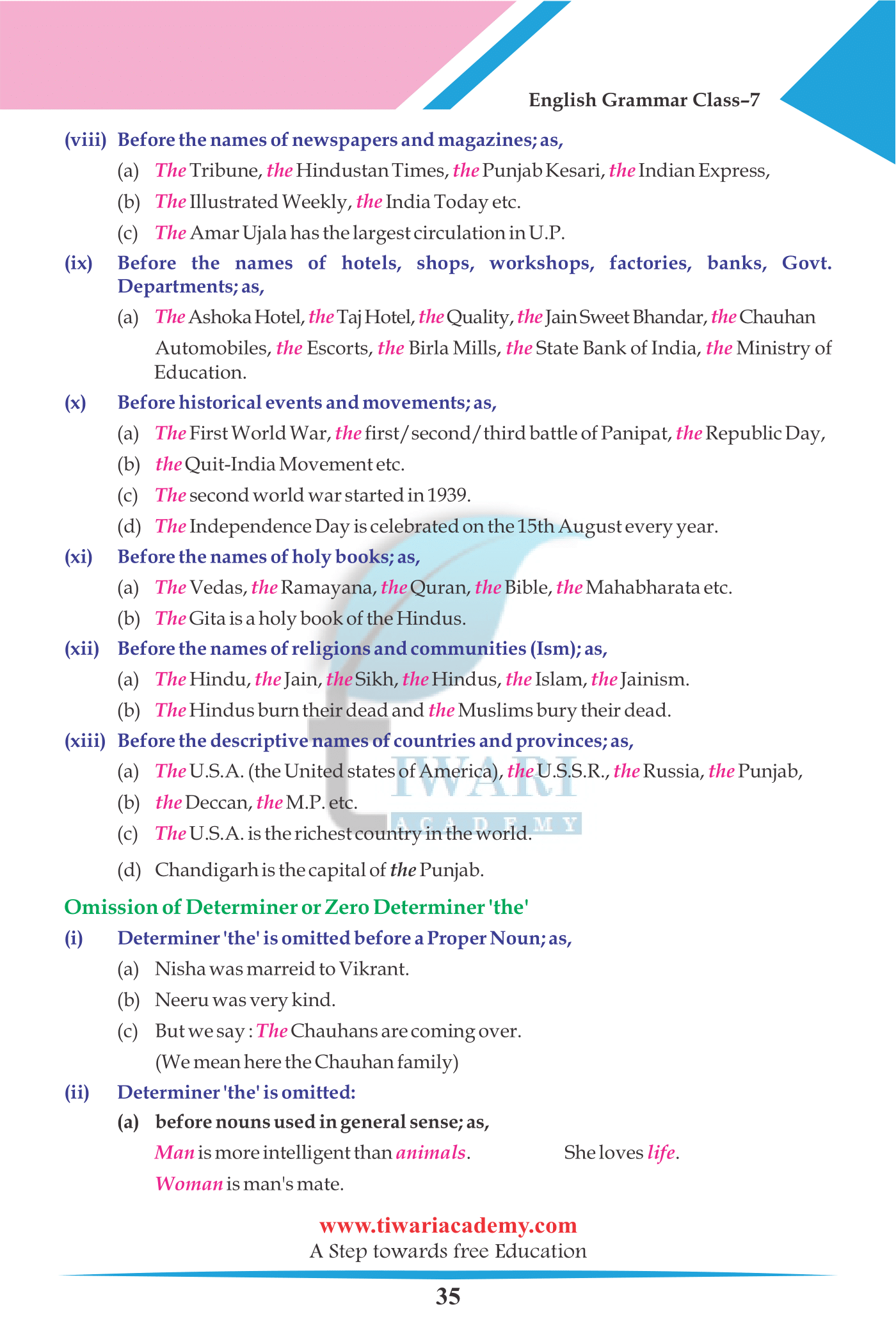 Class 7 English Grammar Chapter 6 The Determiner for session 2022-2023