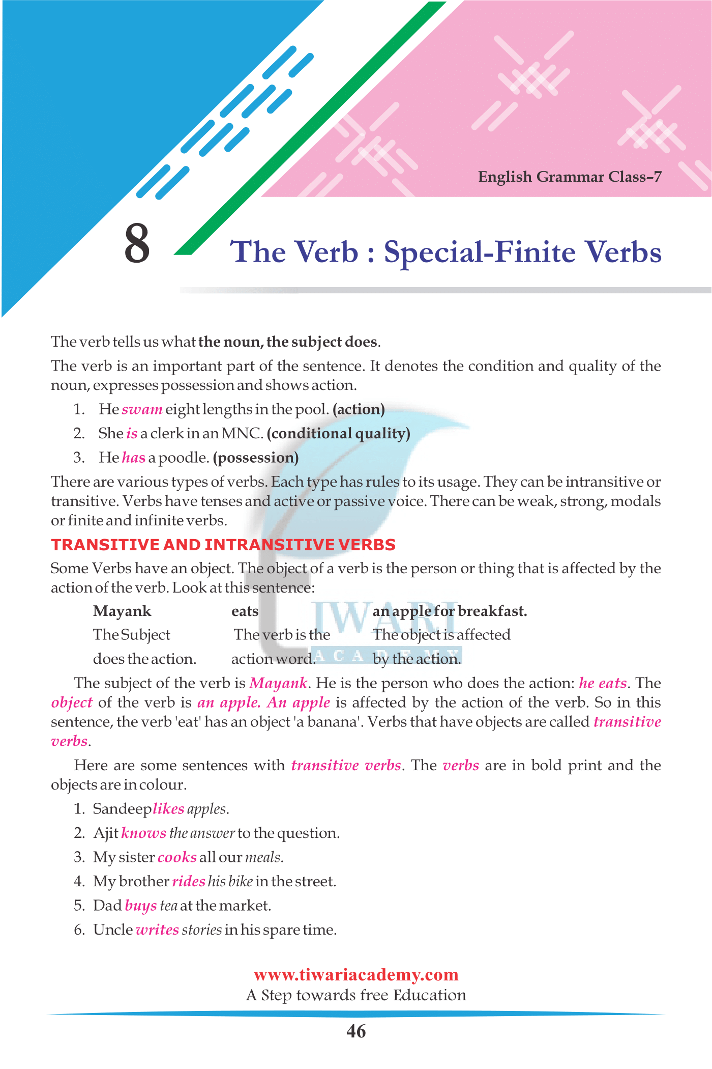 Class 7 English Grammar Chapter 8 The Verb Special Finite Verbs.