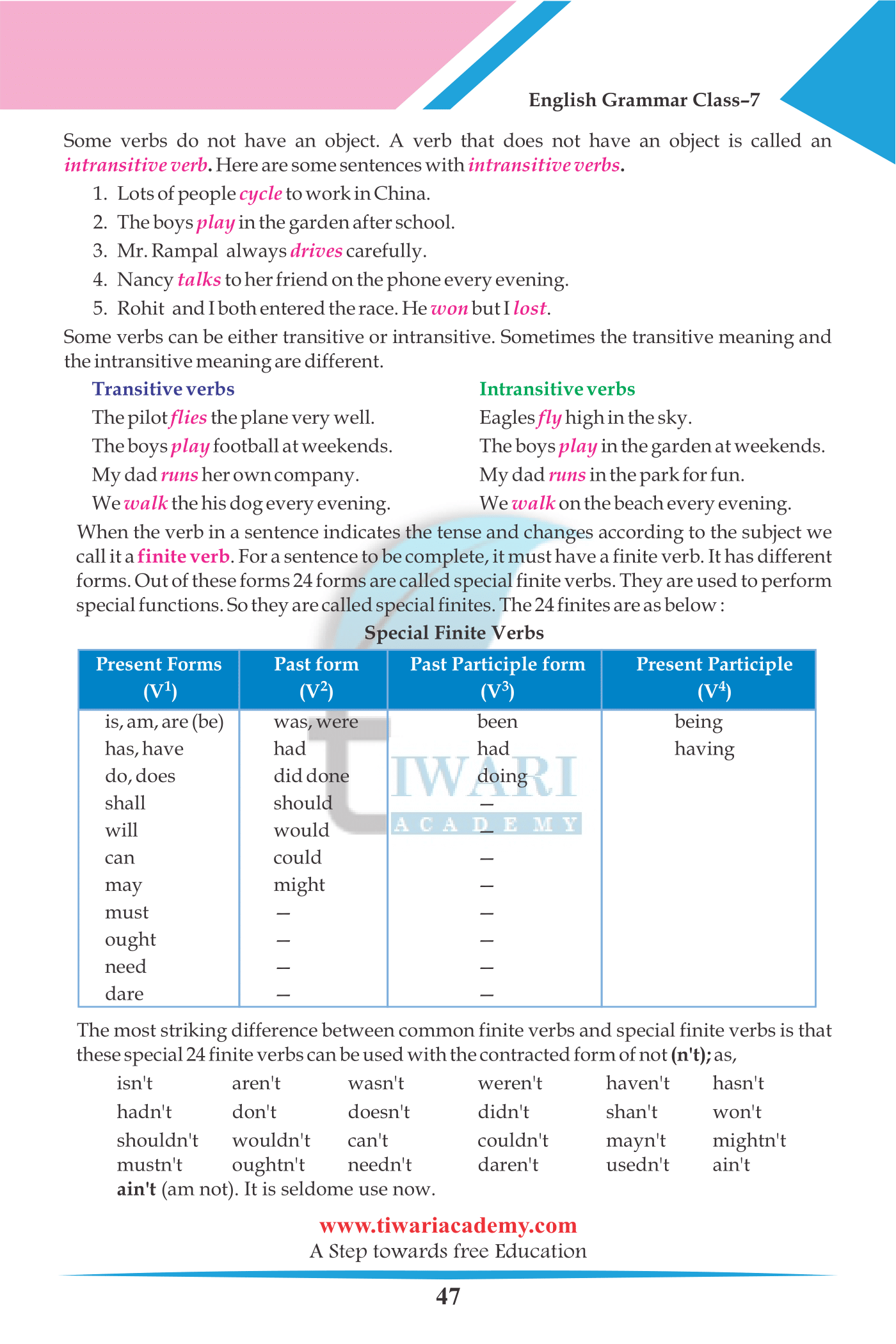 Class 7 English Grammar Chapter 8 The Verb Special Finite Verbs.