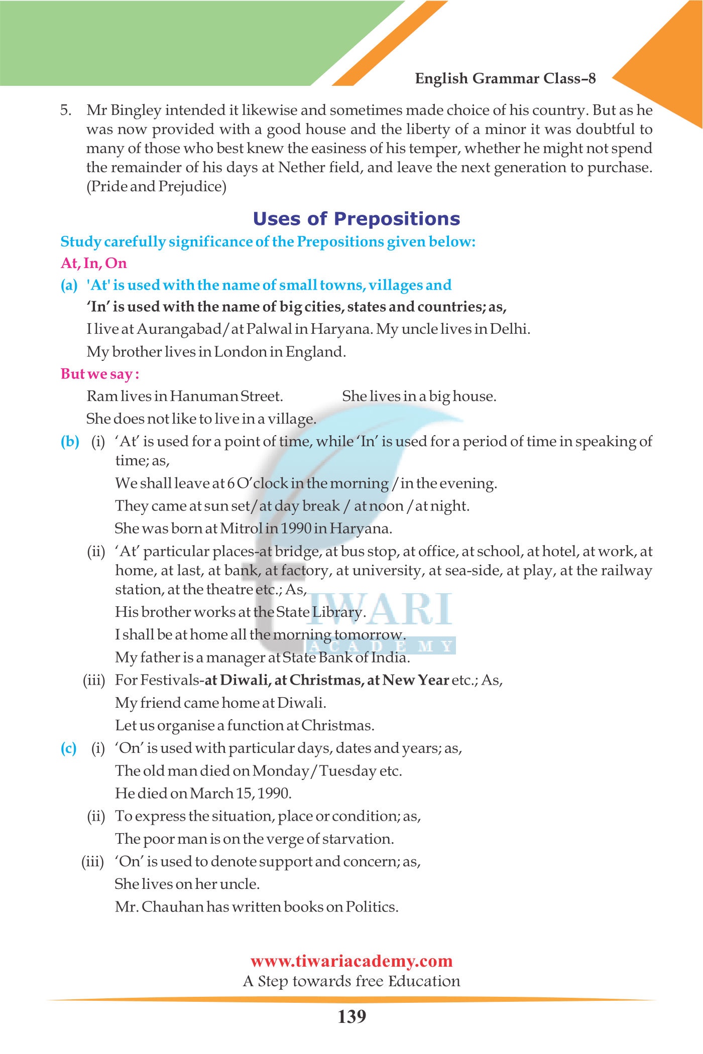 Class 8 English Grammar Chapter 10 The Preposition for CBSE 2022-2023.