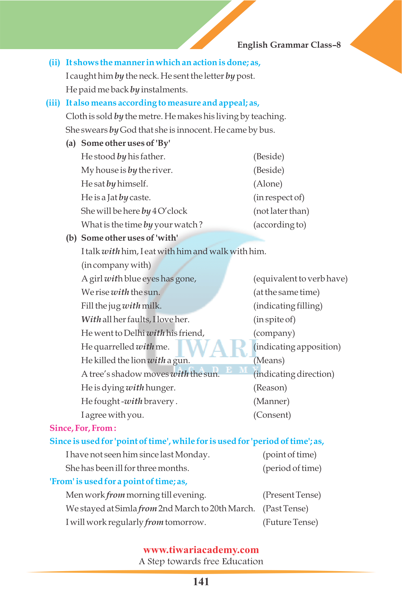 Class 8 English Grammar Chapter 10 The Preposition for CBSE 2022-2023.