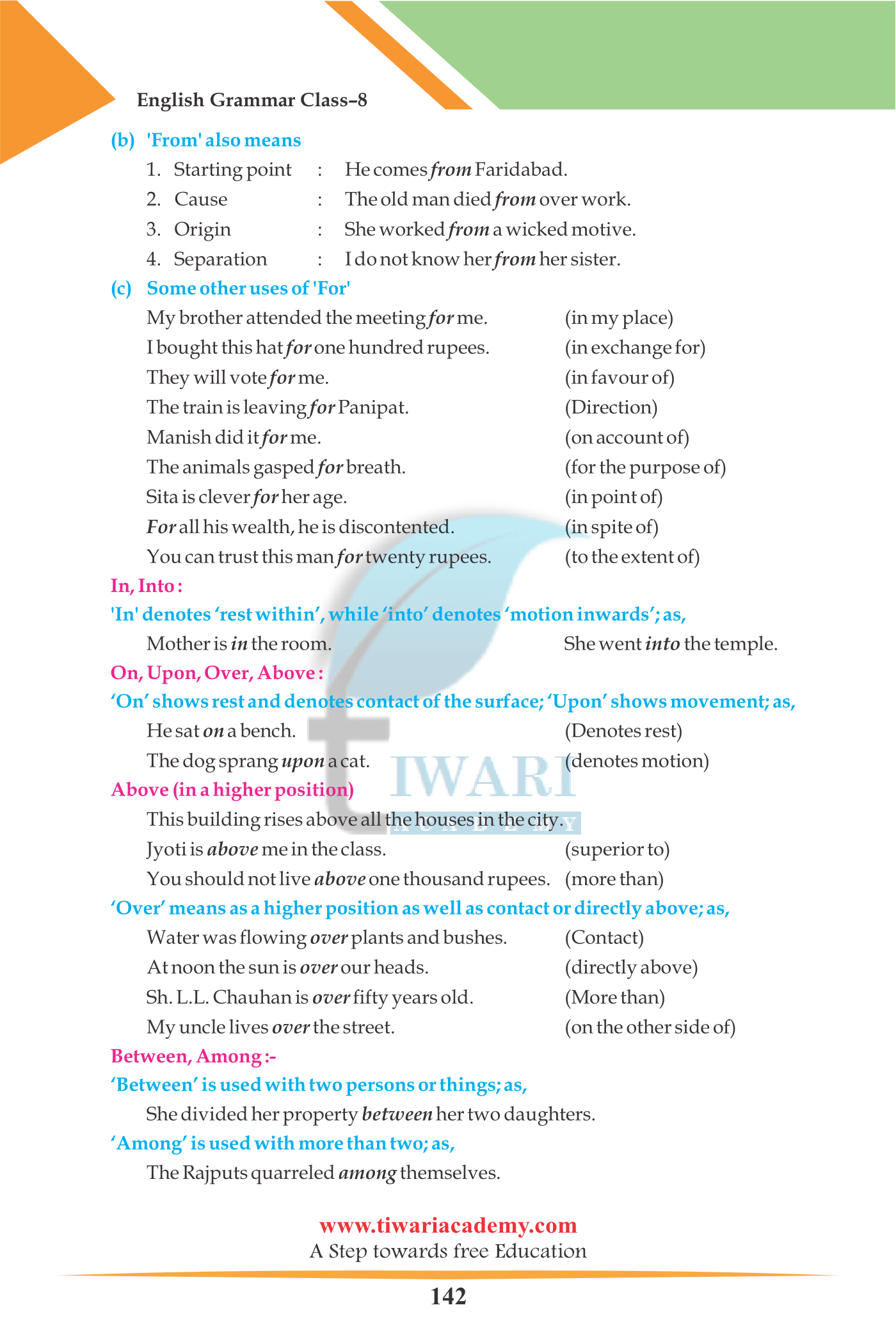 Class 8 English Grammar Chapter 10 The Preposition for CBSE 2022-2023.