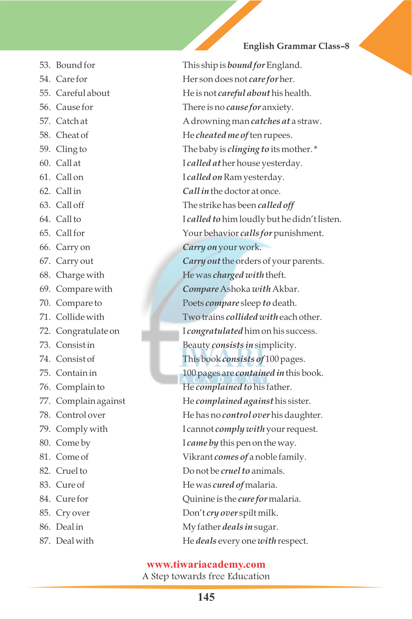 Class 8 English Grammar Chapter 10 The Preposition for CBSE 2022-2023.