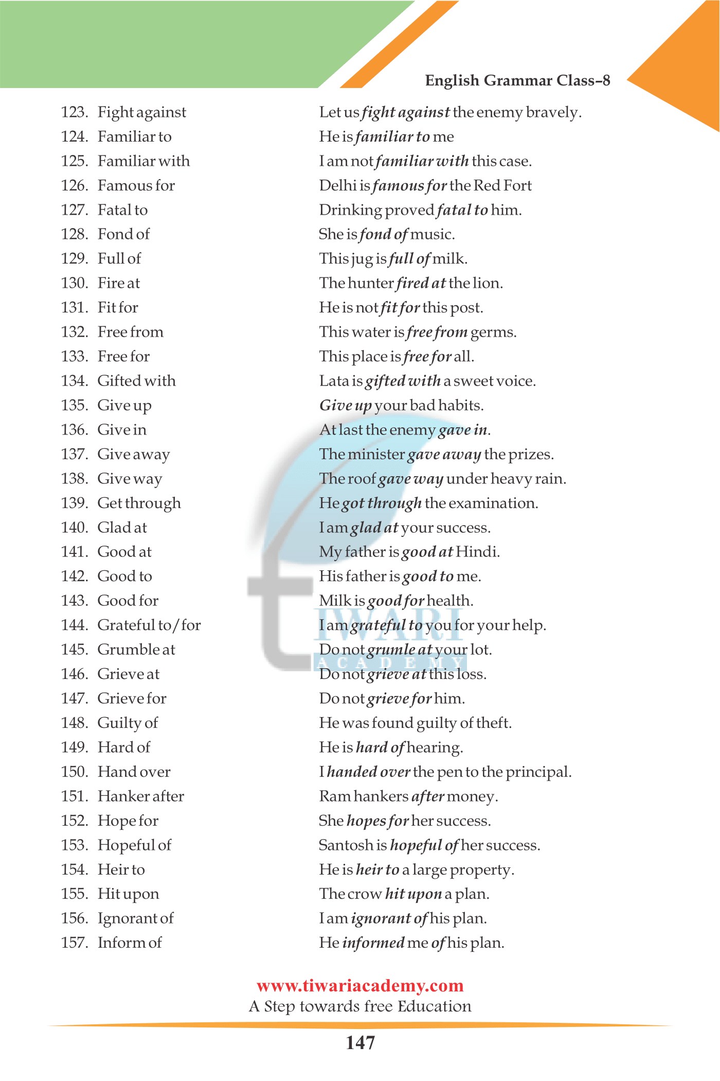 Class 8 English Grammar Chapter 10 The Preposition for CBSE 2022-2023.