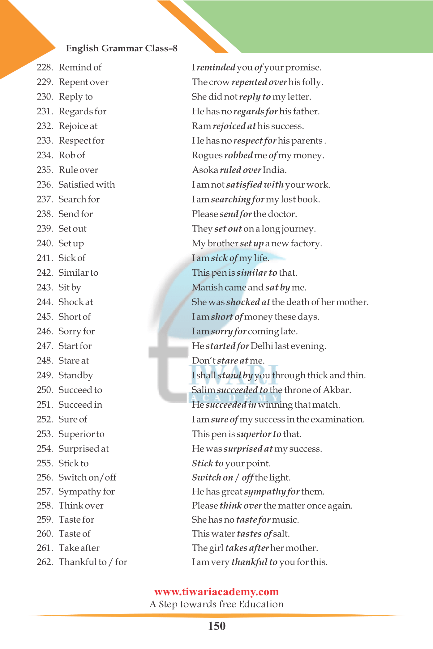 Class 8 English Grammar Chapter 10 The Preposition for CBSE 2022-2023.
