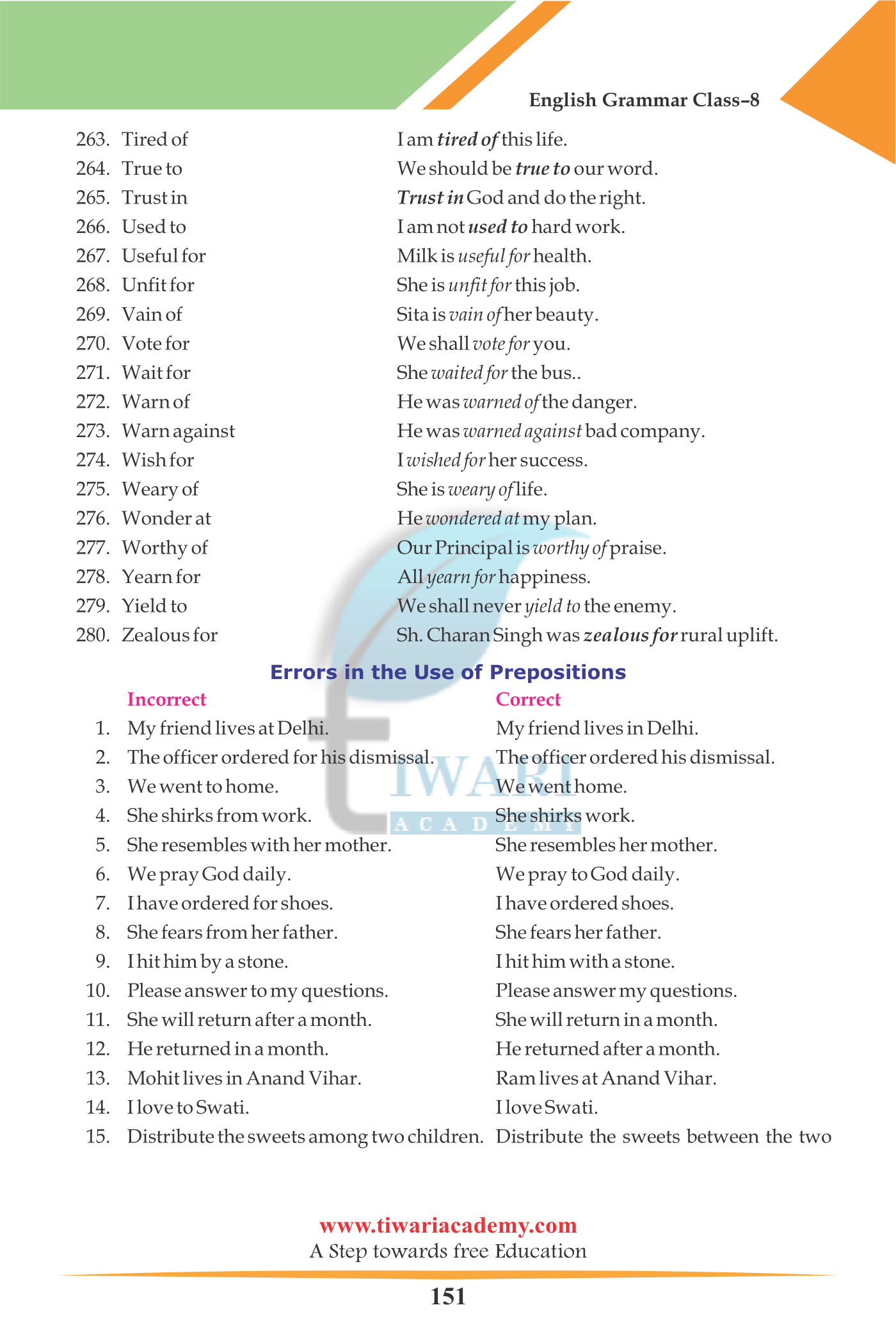 Class 8 English Grammar Chapter 10 The Preposition for CBSE 2022-2023.