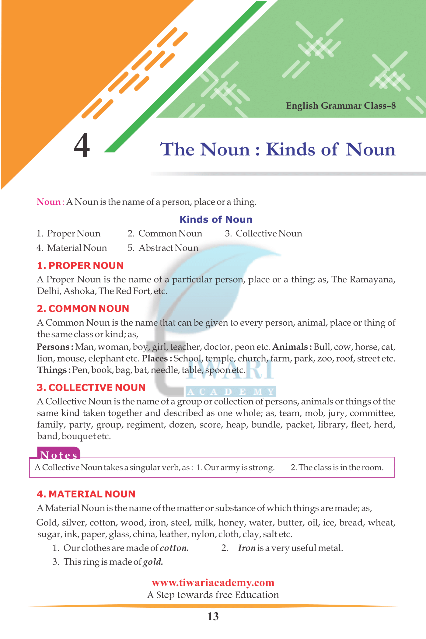Class 8 English Grammar Chapter 4 The Noun for Session 2022-2023