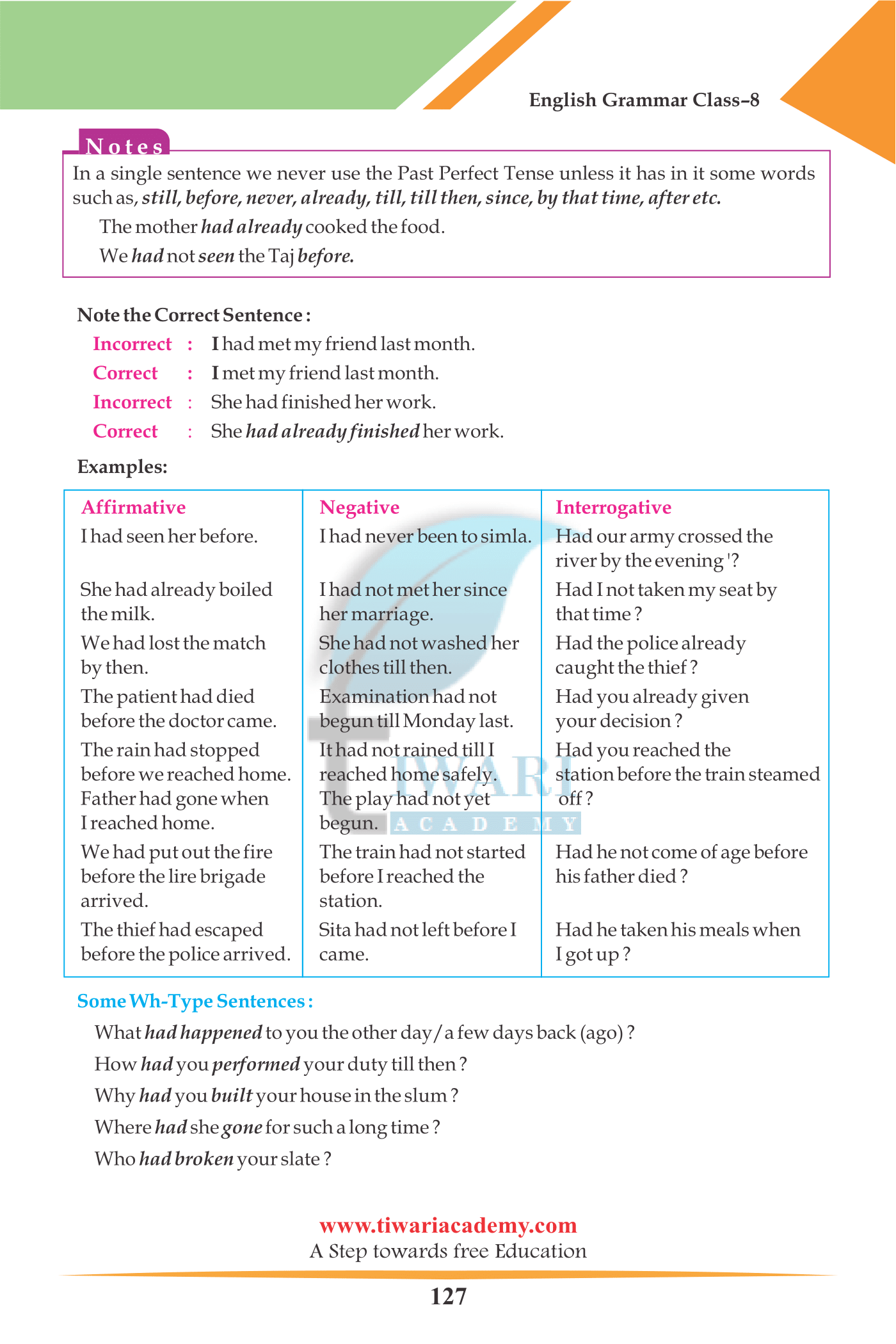 Class 8 English Grammar Chapter 9 The Tense for CBSE 2022-2023.