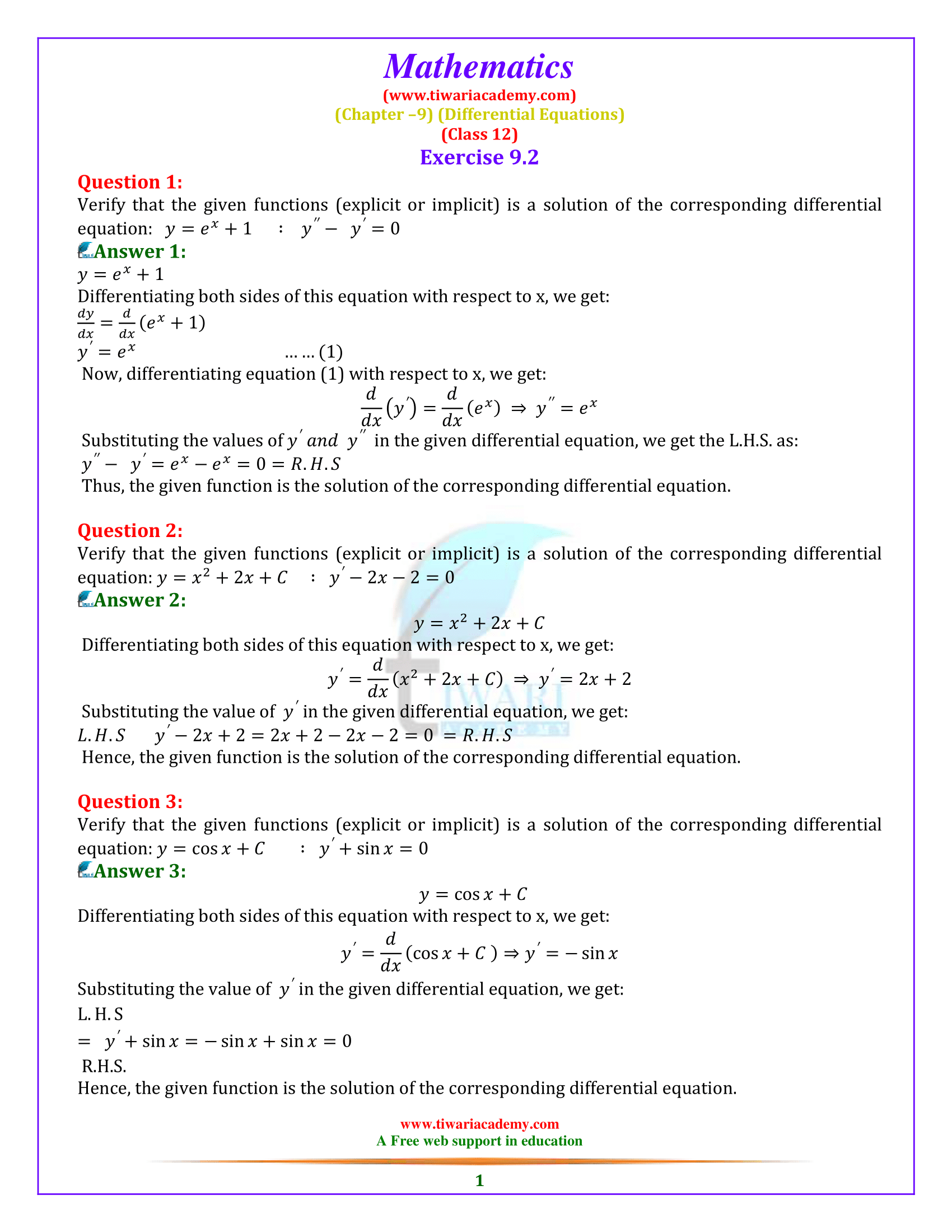 NCERT Solutions for Class 12 Maths Chapter 9 Exercise 9.2 in PDF