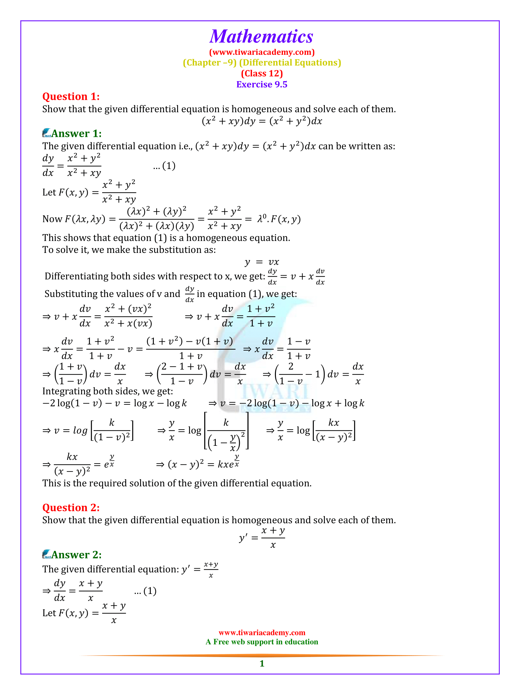 NCERT Solutions for Class 12 Maths Chapter 9 Exercise 9.5 in PDF form