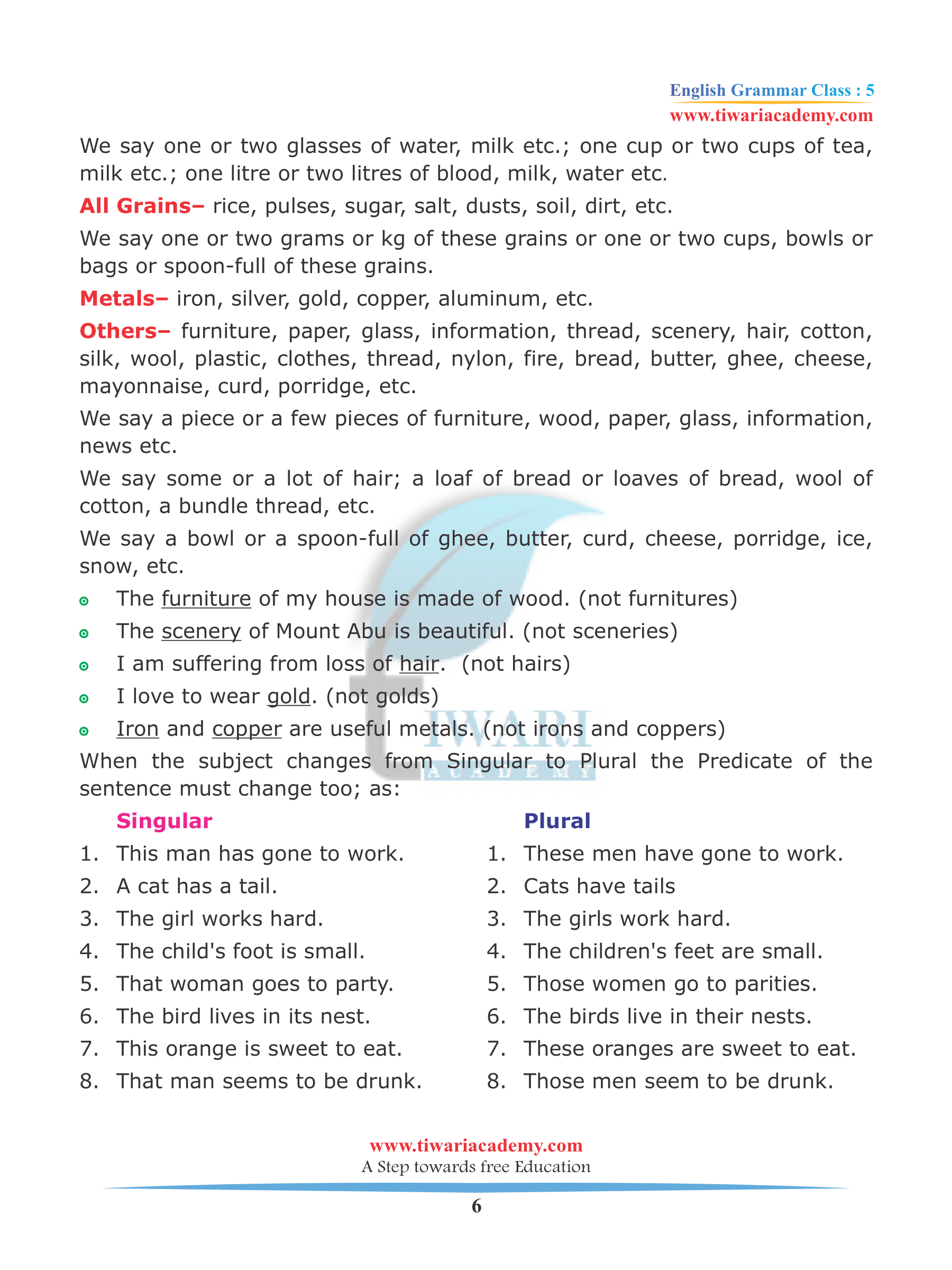 Class 5 English Grammar Chapter 3 The Noun Number, Singular Plural.