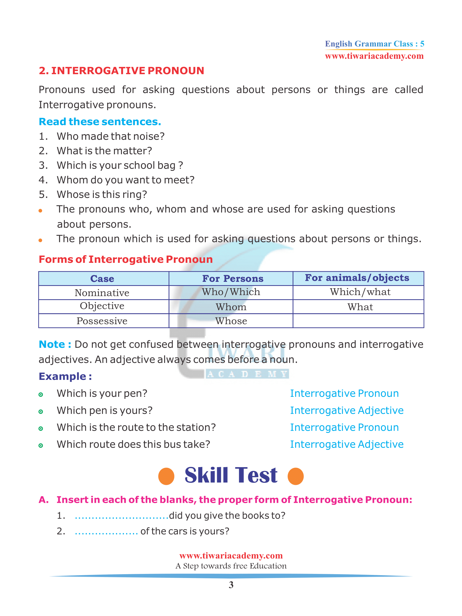 Class 5 English Grammar Chapter 5 Pronoun and its kinds for 2023-2024.