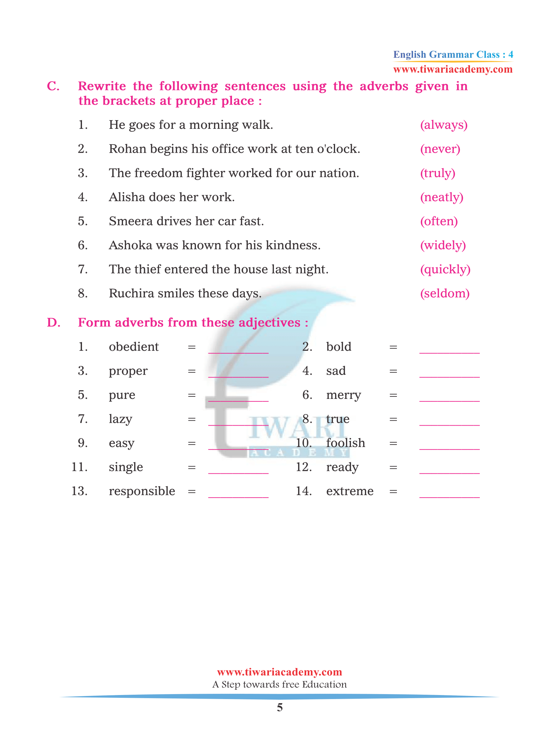 CBSE NCERT Class 4 English Grammar Chapter 12 Adverb and its Kinds.