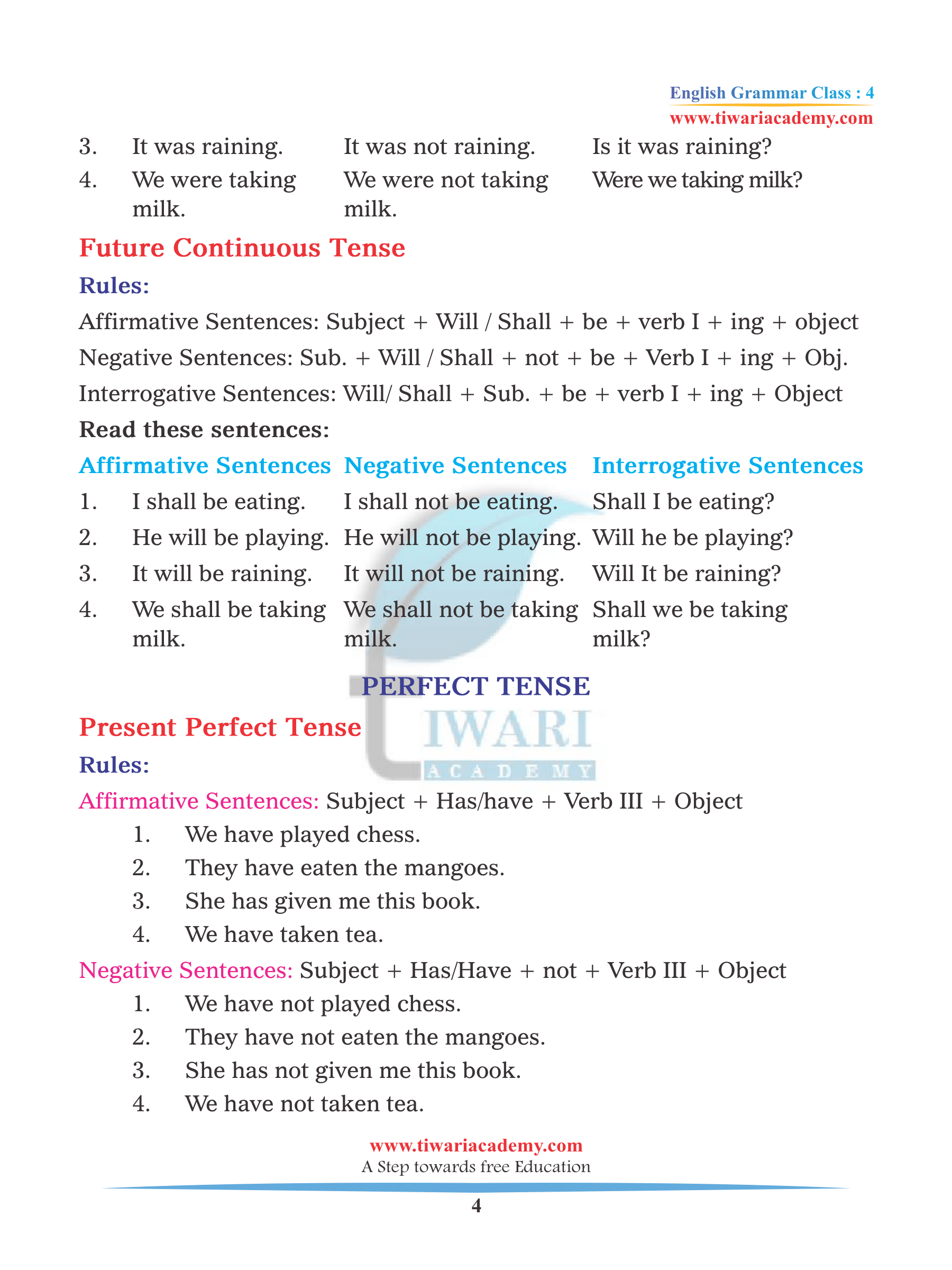 CBSE NCERT Class 4 English Grammar Chapter 8 the Tense in PDF format.