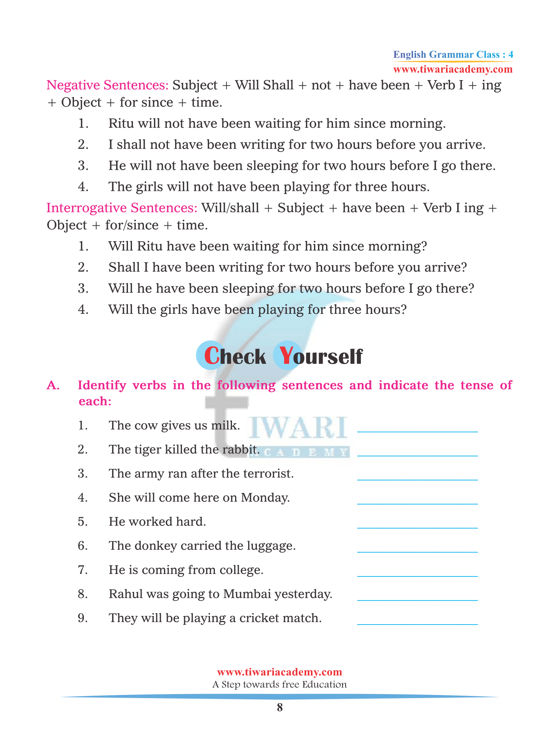 CBSE NCERT Class 4 English Grammar Chapter 8 the Tense in PDF format.