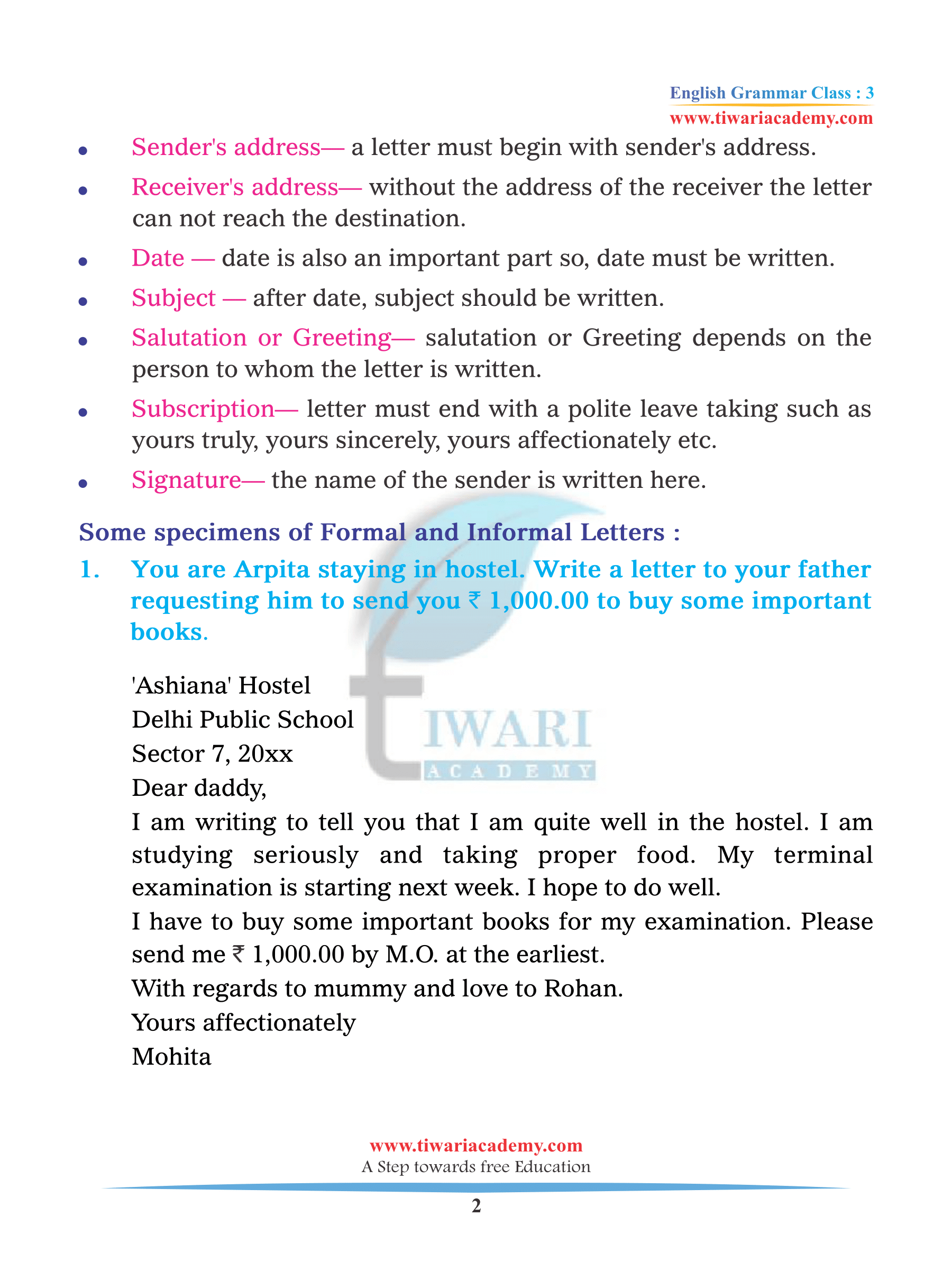 Class 3 English Grammar Chapter 22 Letter and Application Writing.