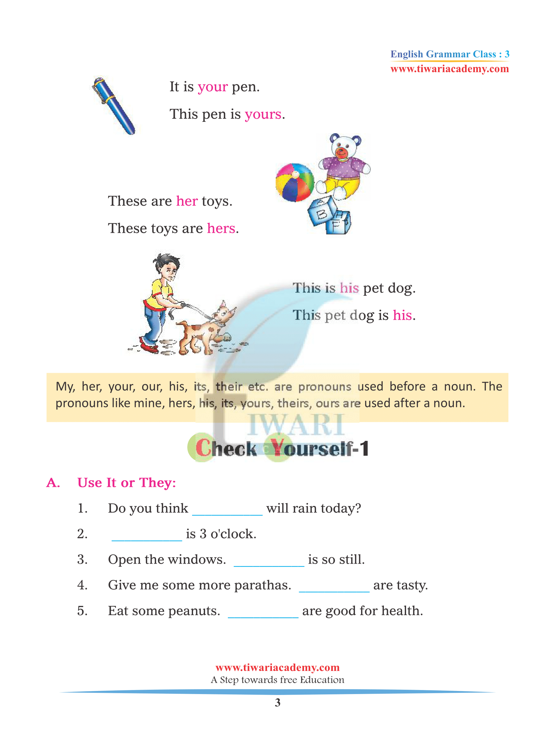 Class 3 English Grammar Chapter 8 Pronoun and its uses in sentences.