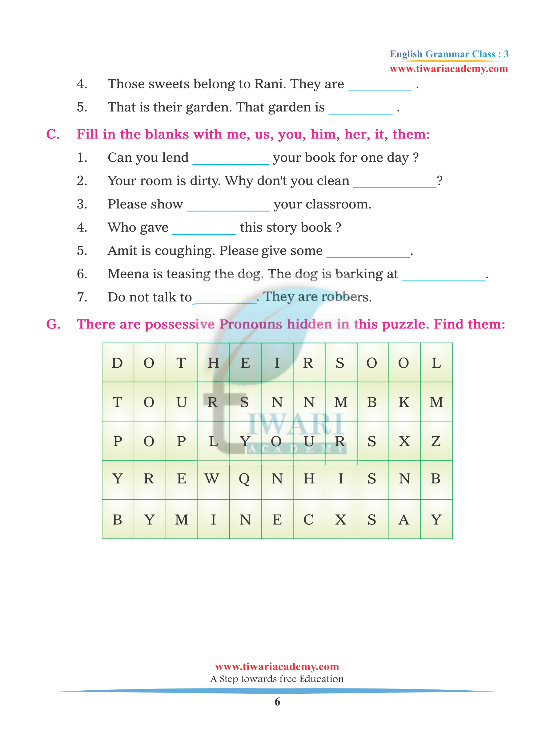 Class 3 English Grammar Chapter 8 Pronoun and its uses in sentences.