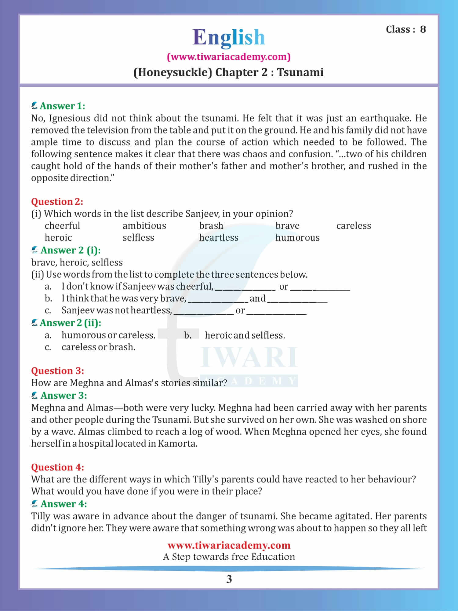 NCERT Solutions for Class 8 English Honeydew Chapter 2 The Tsunami.