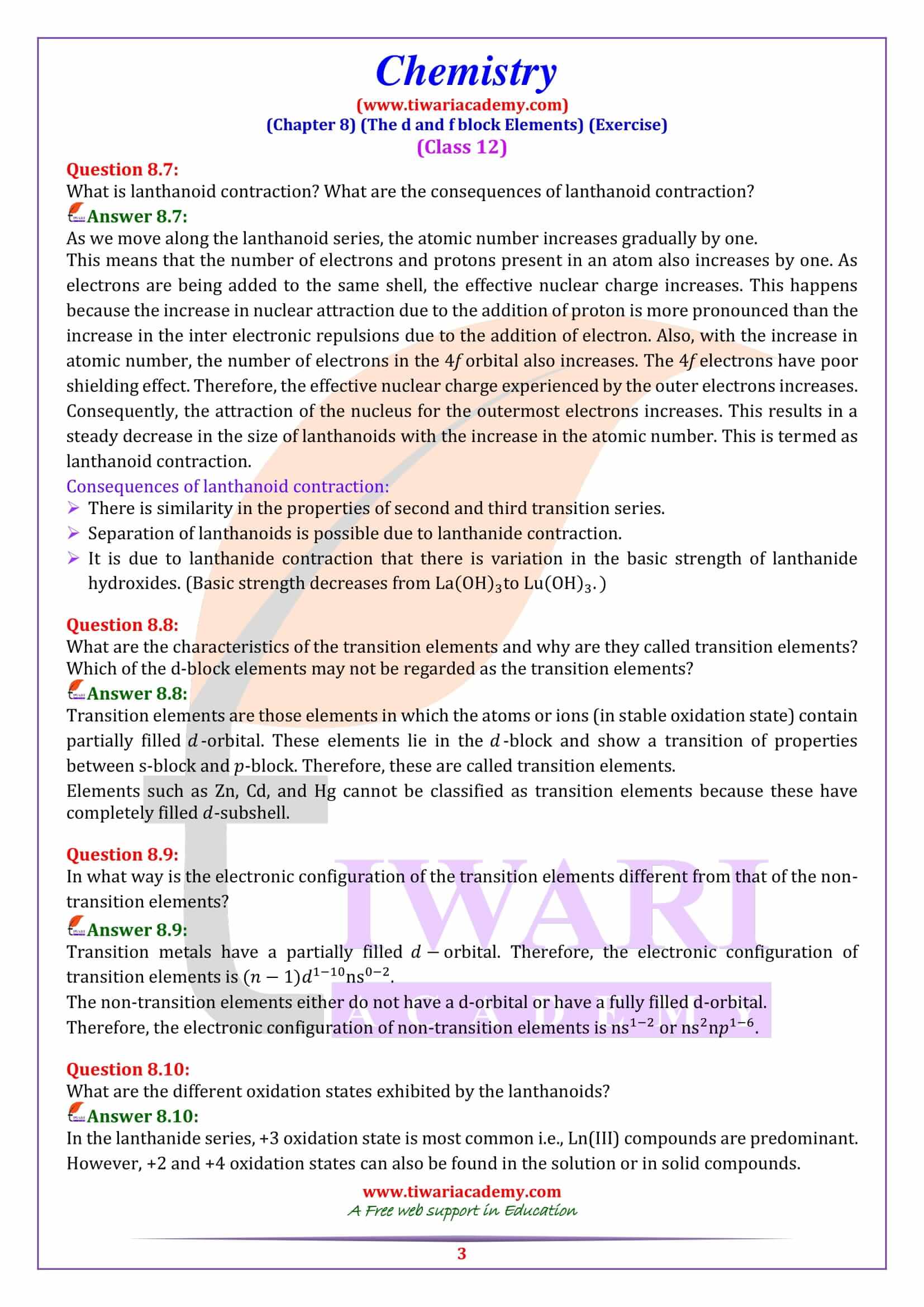 NCERT Solutions for Class 12 Chemistry Chapter 8 the d f Block Element